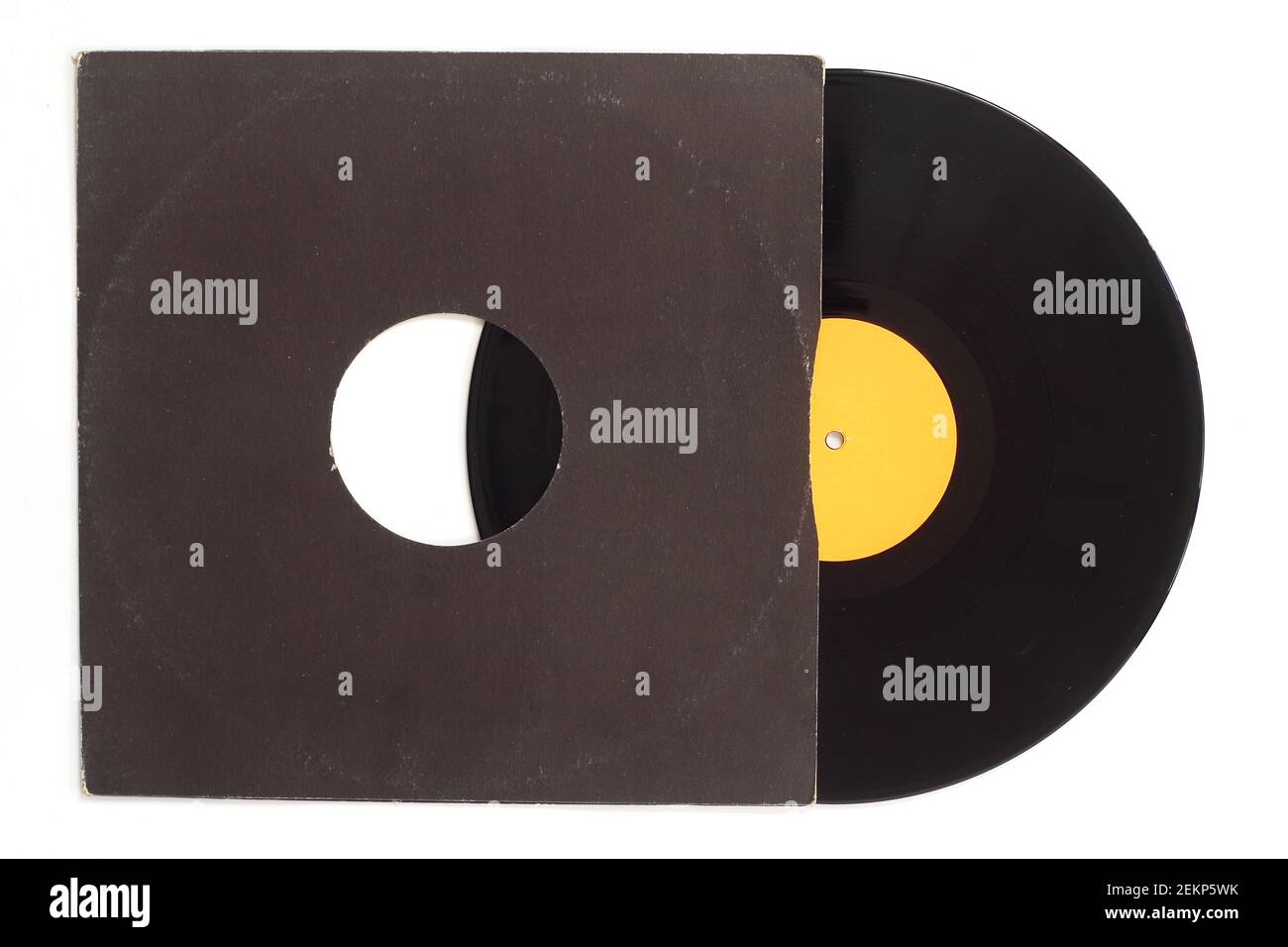 Aged black paper cover and vinyl LP record isolated on white background ...