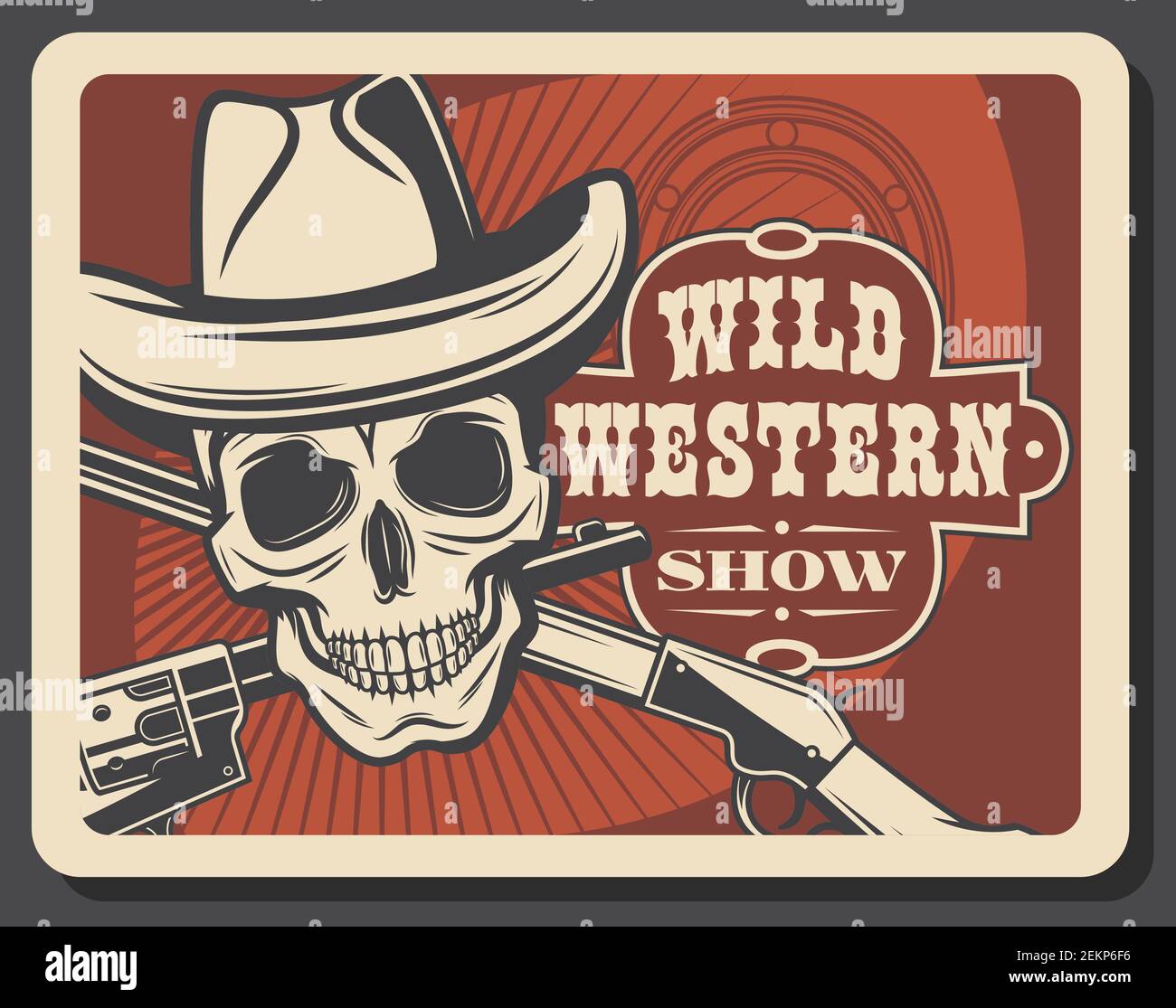 Wild west skull in cowboy hat, pair of crossed shotguns. Vector vintage ...