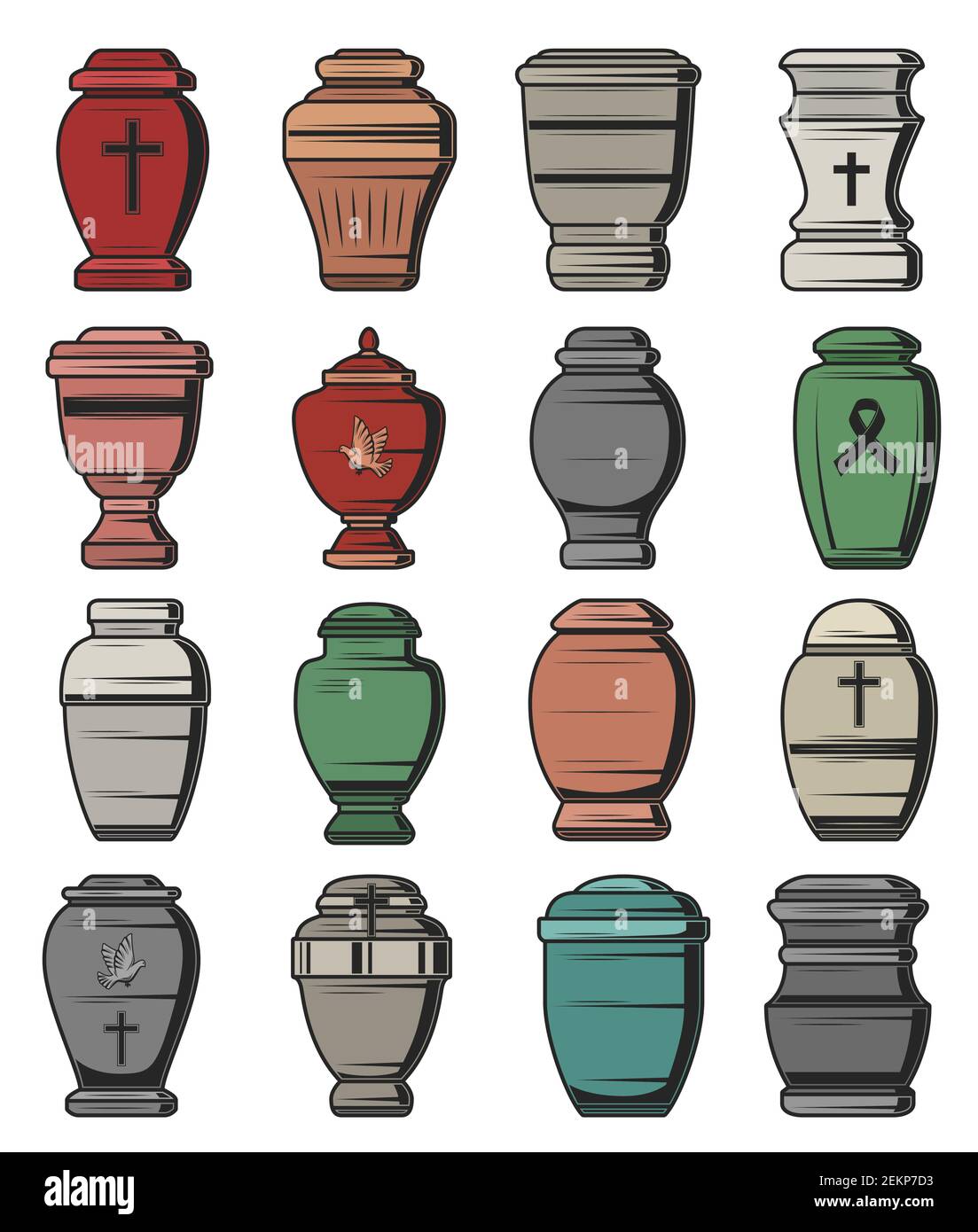 Cremation urns isolated icons, funeral service and burial ceremony ...