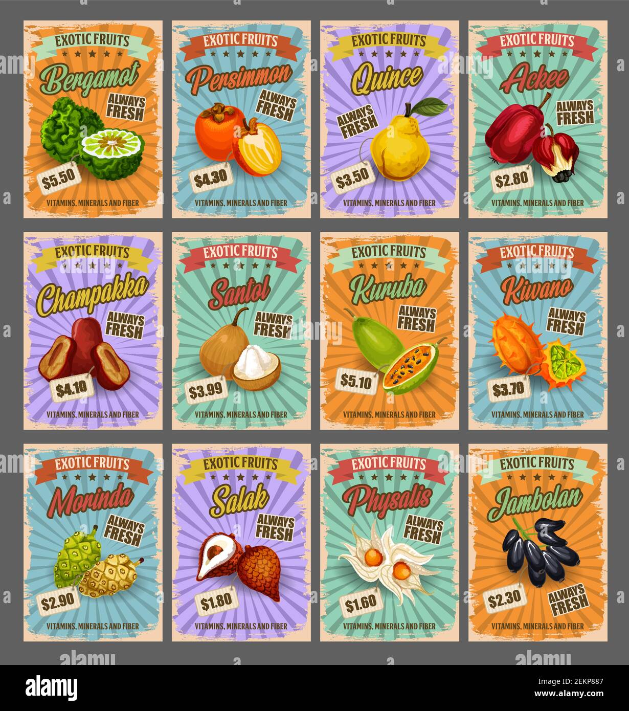 Exotic tropical fruits retro price cards, farm market. Vector bergamot ...