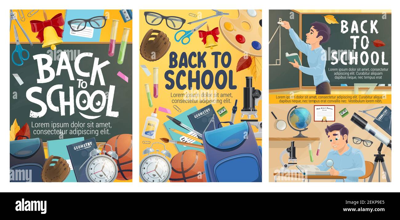 Back to School posters of study stationery and student at classroom ...