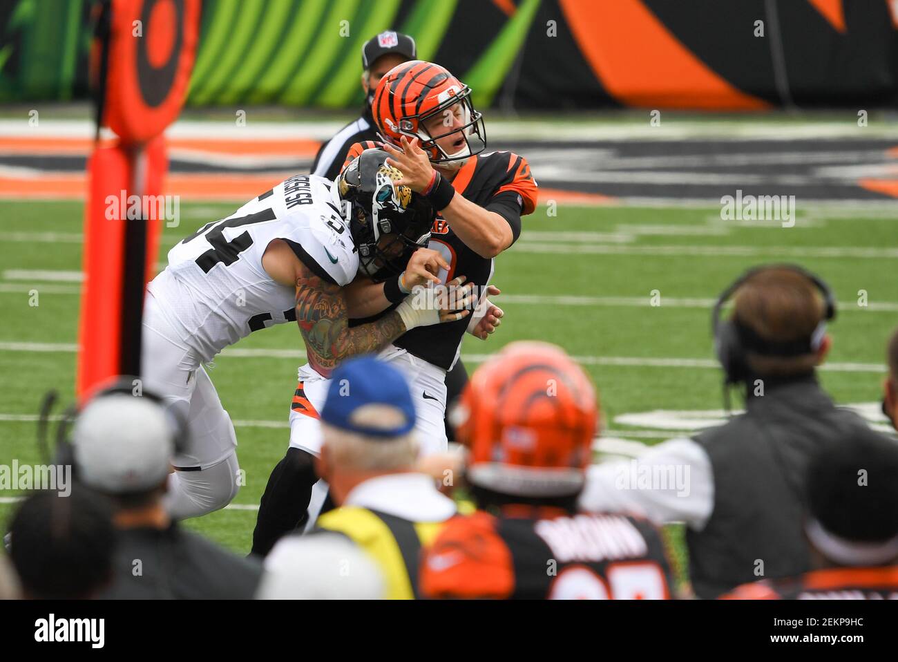 October 4, 2020: Joe Burrow #9 of the Cincinnati Bengals is hit by ...
