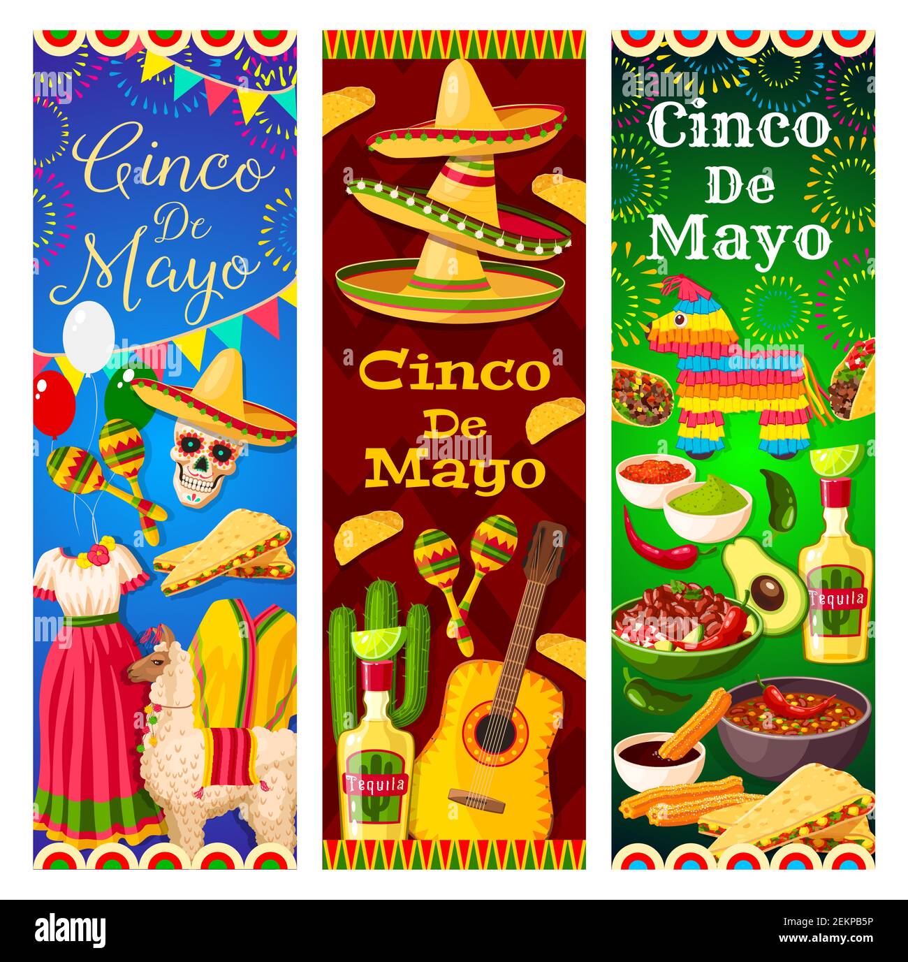 Cinco de Mayo Mexican holiday vector skull, sombrero and guitar, cactus ...