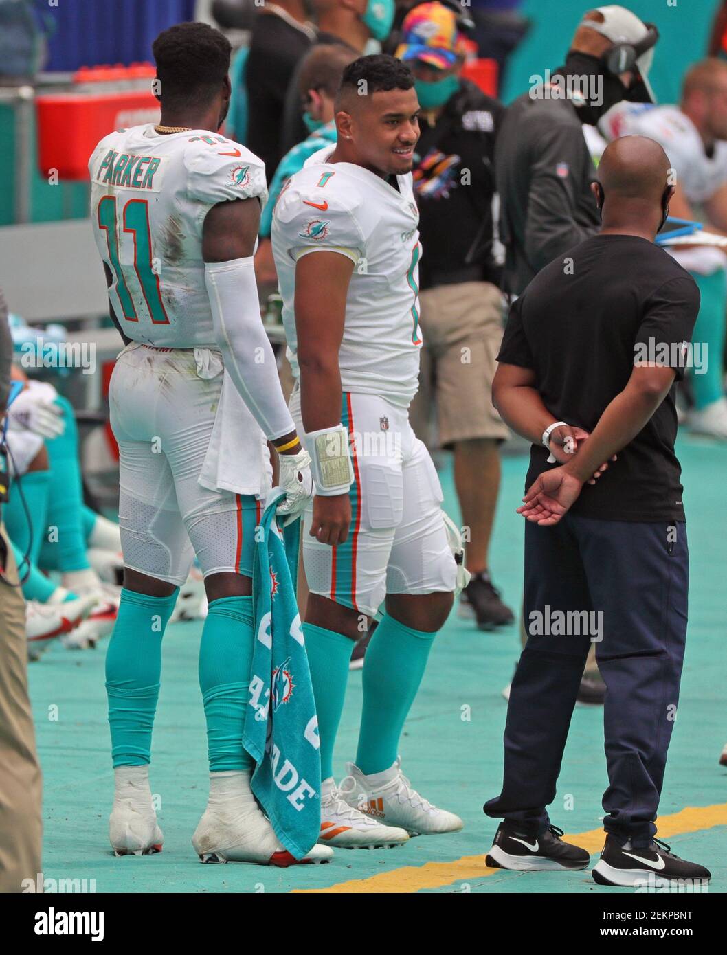 Miami Dolphins quarterback Tua Tagovailoa (1) on the sidelines during ...