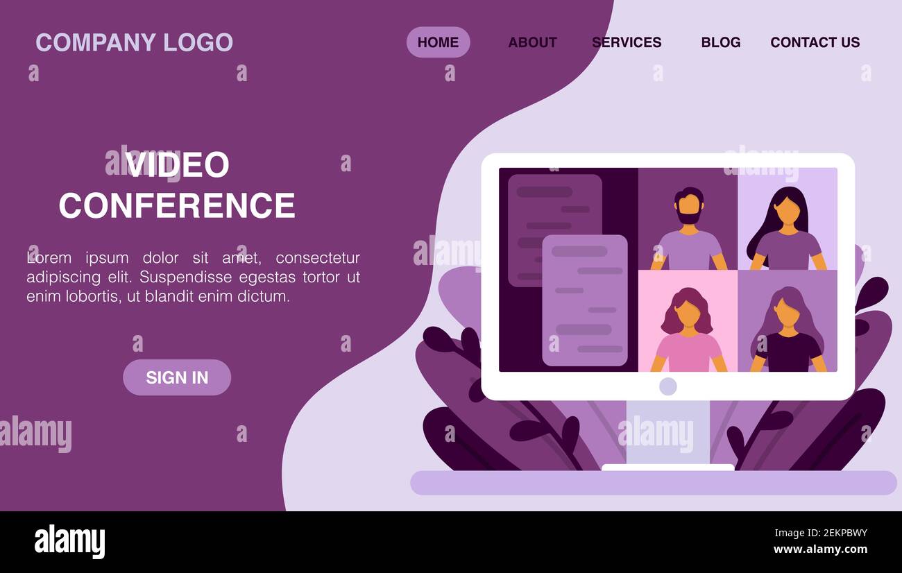 Video conference landing page. Group of people talk through computer ...