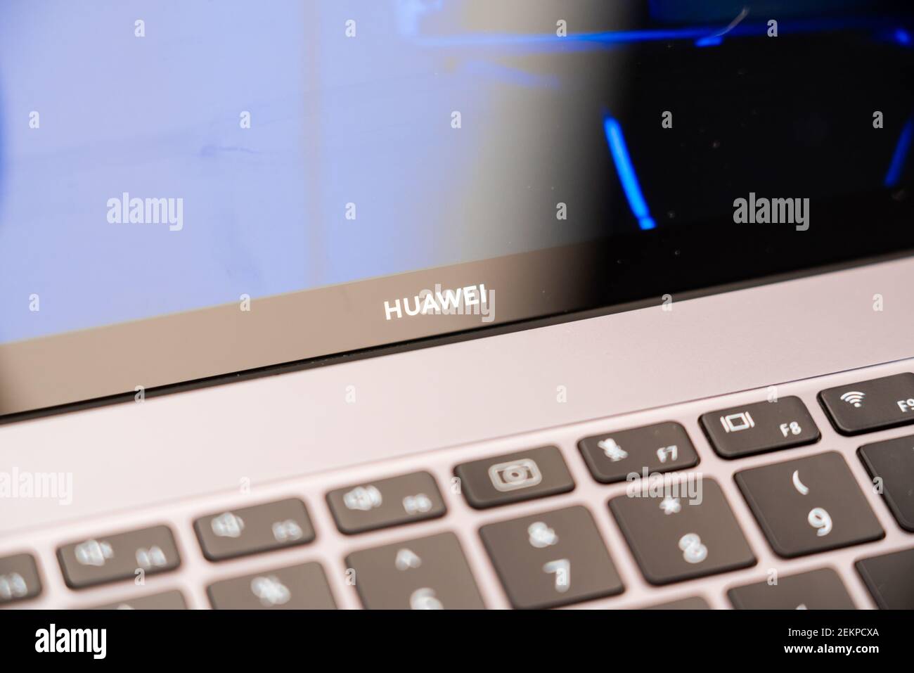 Huawei logo seen on a MateBook laptop at the Huawei Global Flagship ...