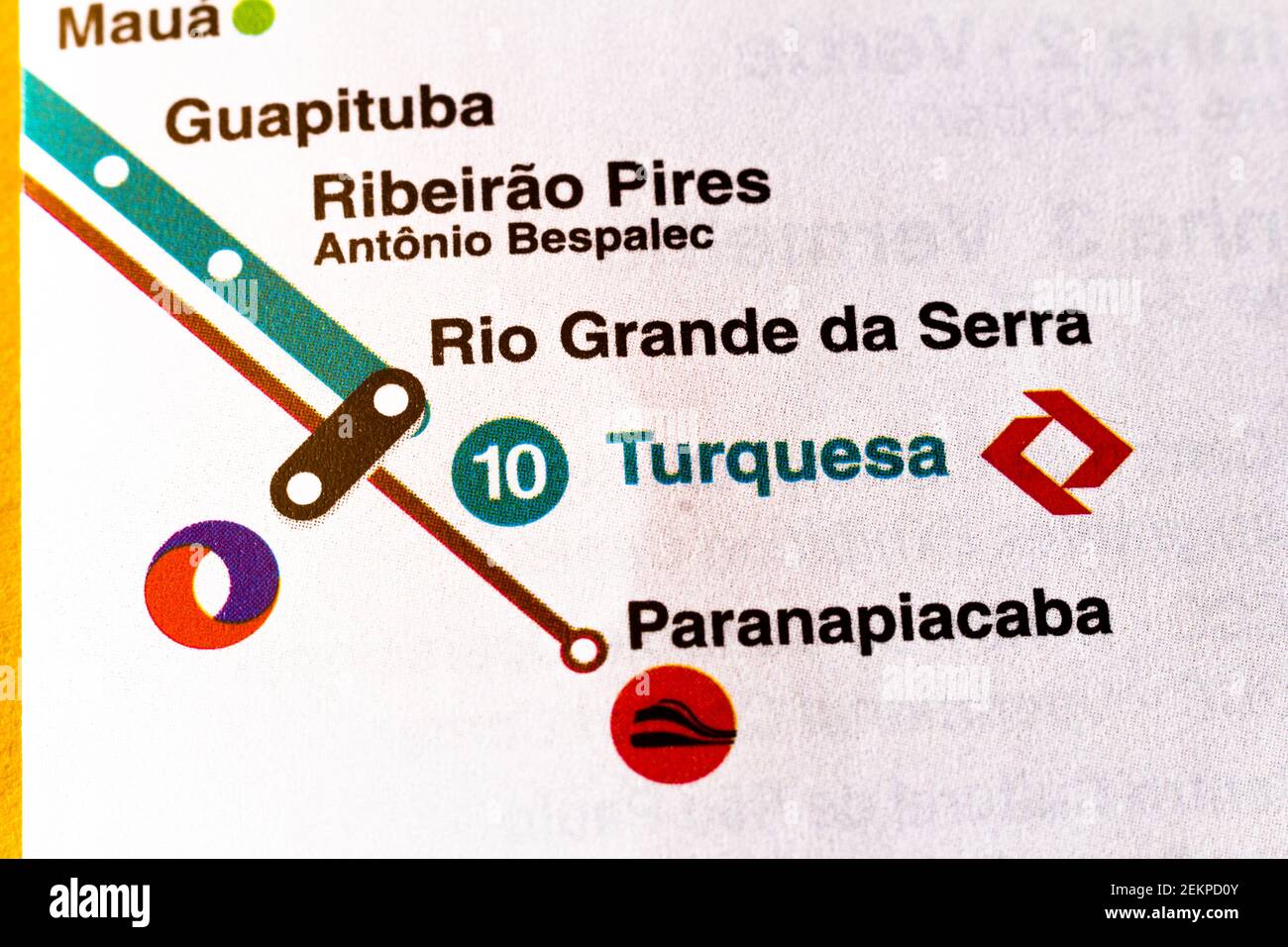 Detail of a map showing Linha 10 (Turquesa) of the Metrô de São Paulo ...