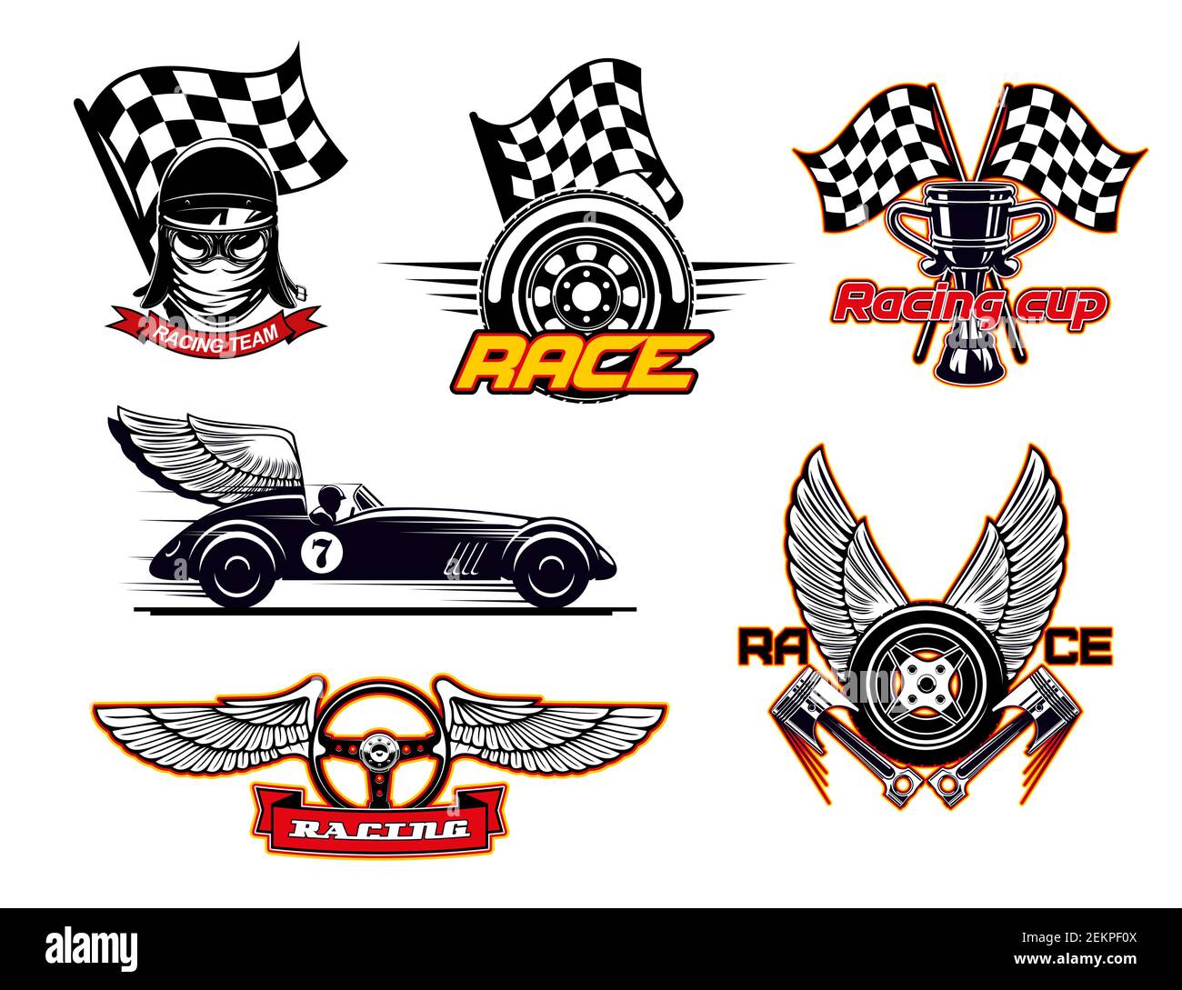 Motor sport symbols, racing club isolated icons. Vector racer in ...