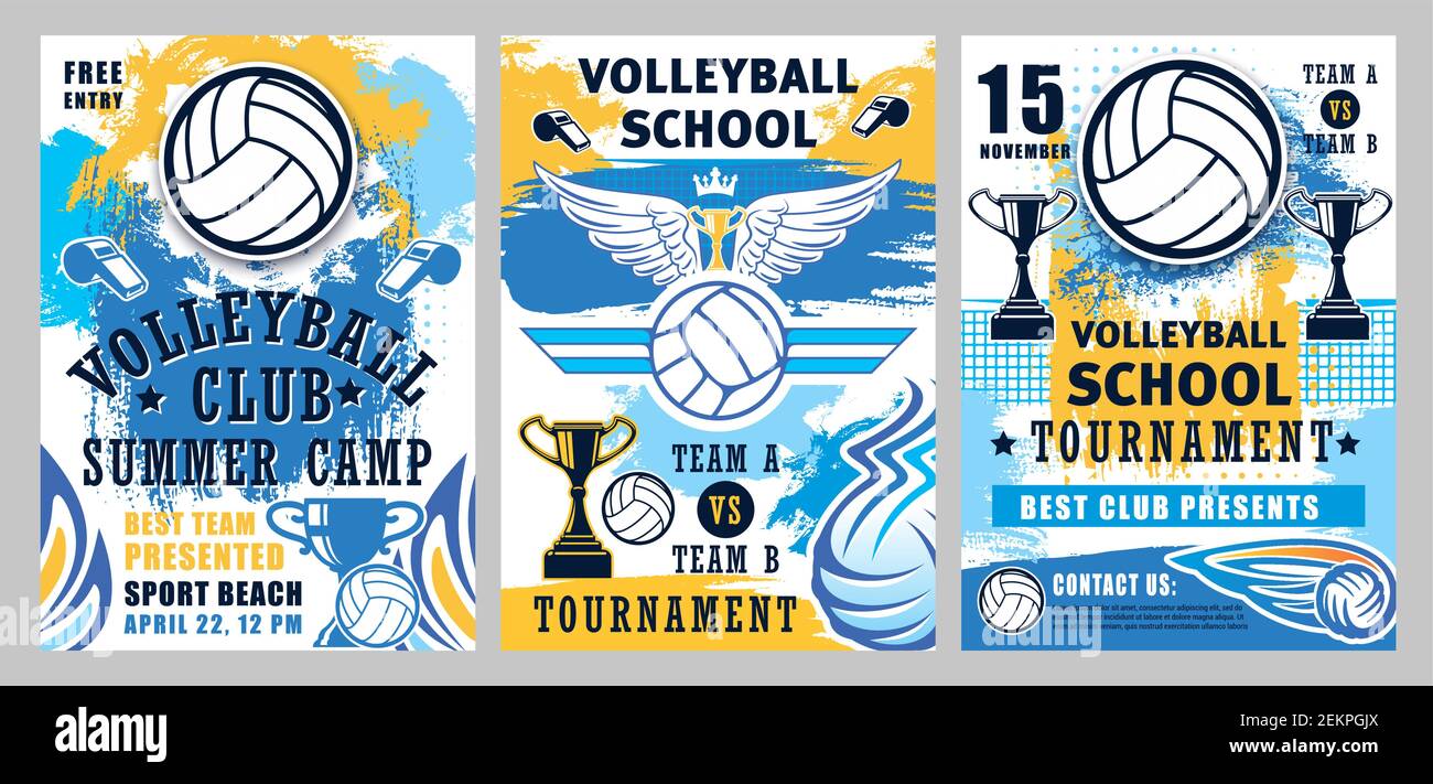 Volleyball sport game championship cup vector posters with player balls ...