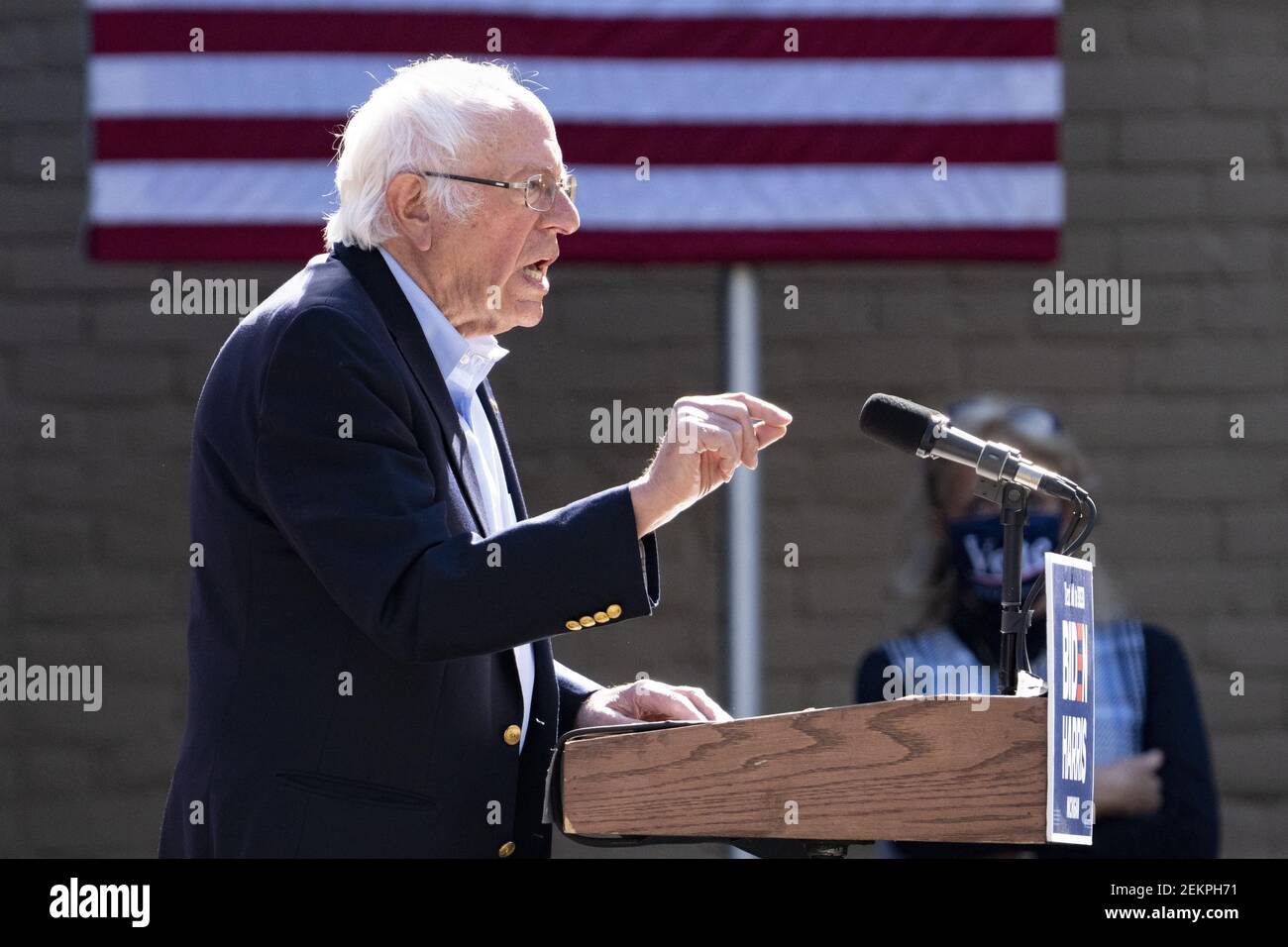 Sen. Bernie Sanders, I-Vt., speaks to a small, socially-distanced group ...