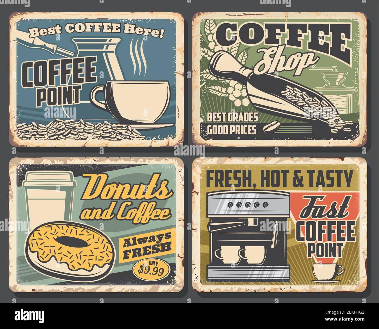 Coffee drink rusty metal signboards with cups and espresso machine ...