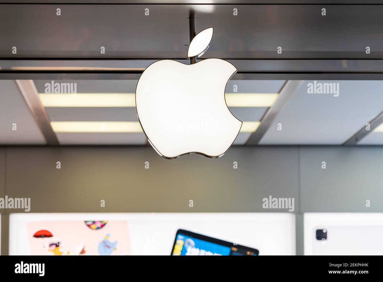 American multinational technology company Apple logo seen at an Apple ...