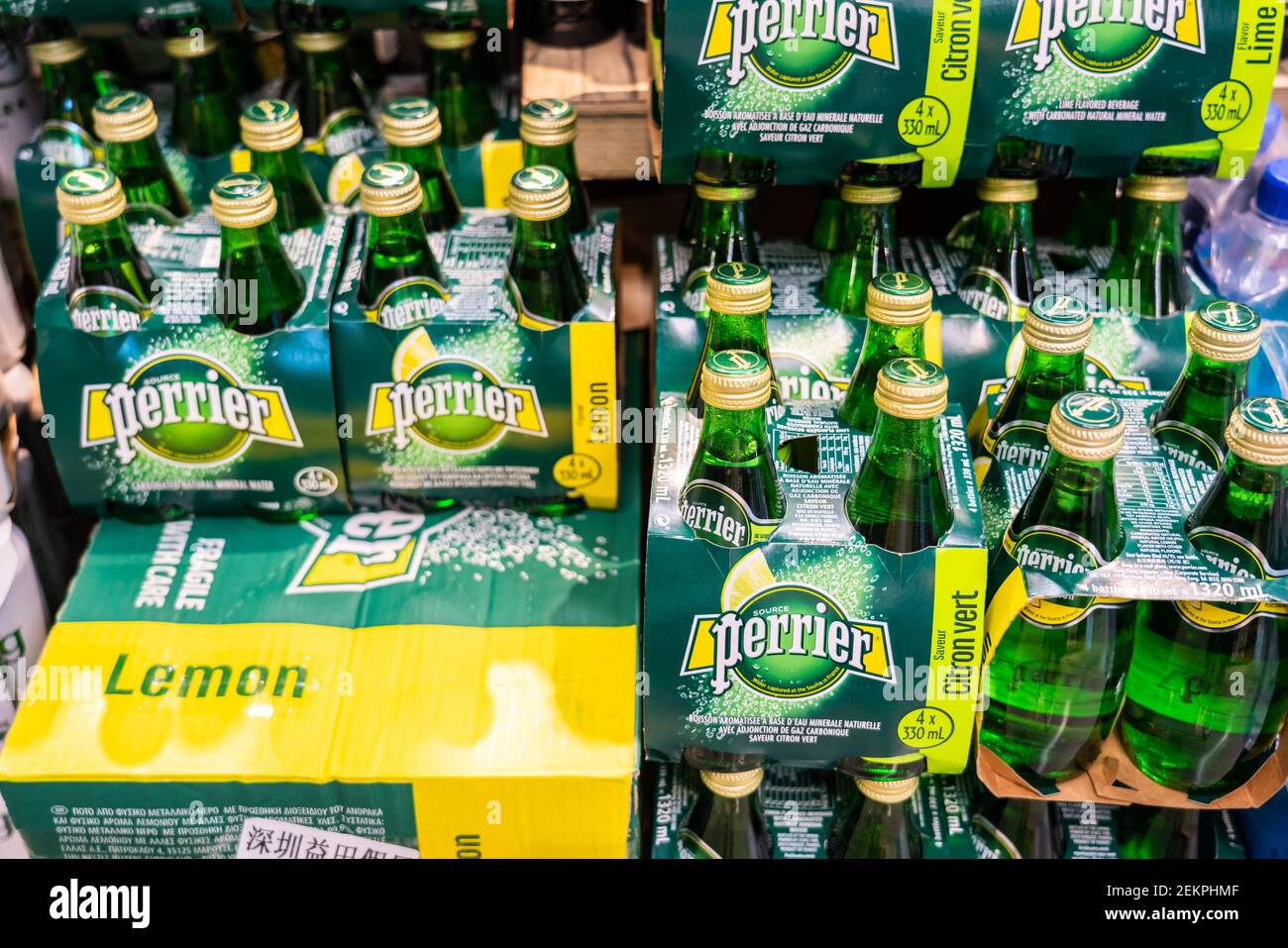 French natural bottled mineral water Perrier seen at a supermarket ...