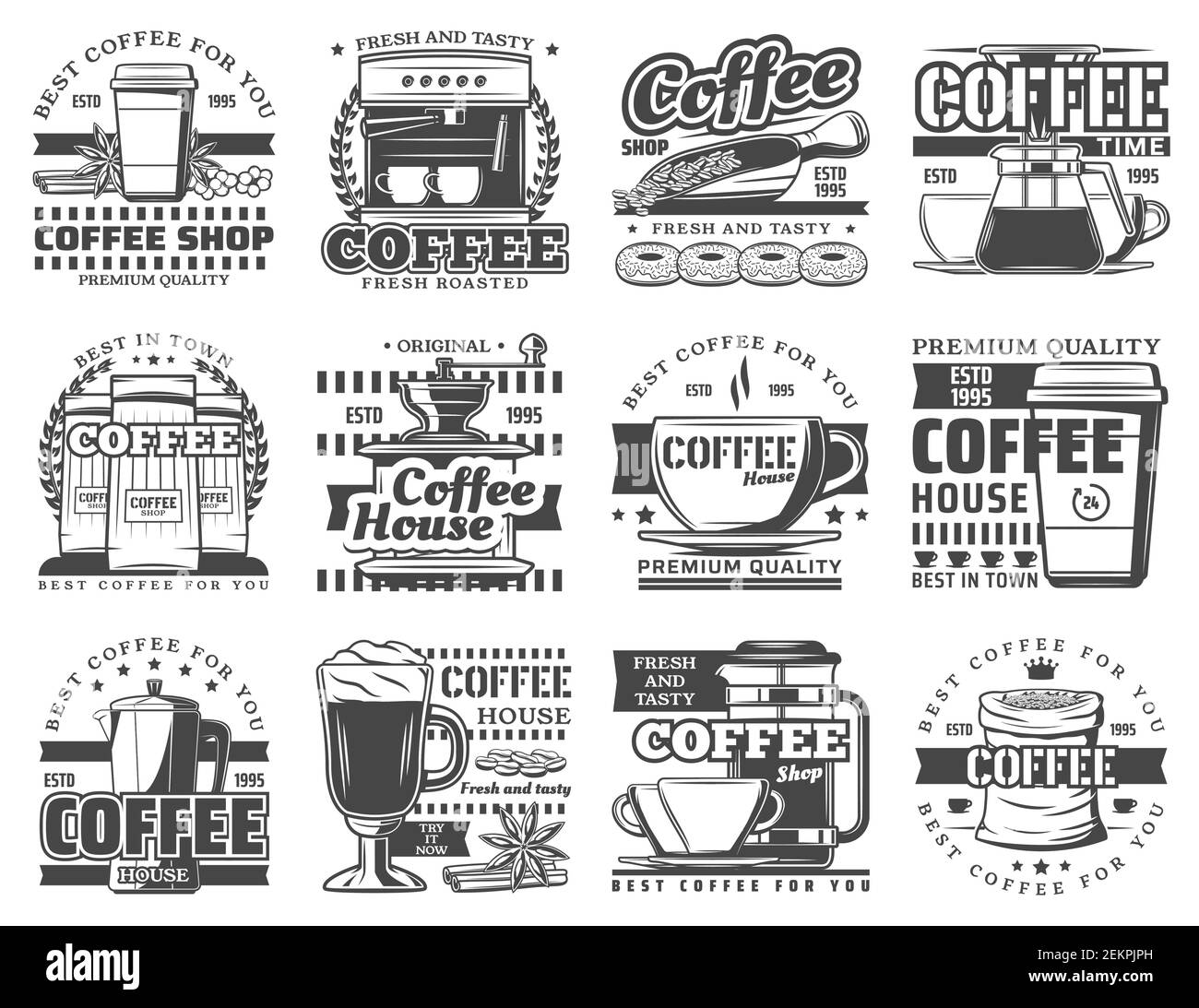 Coffee vector symbols with cups of hot drink and espresso machine ...