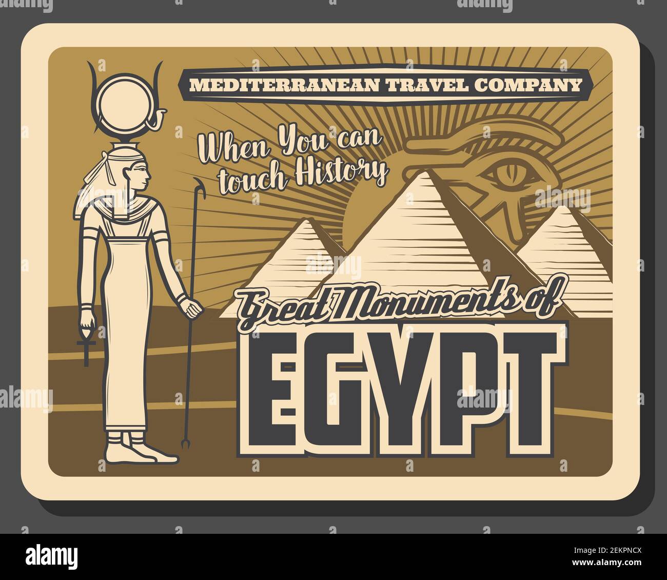 Egypt monuments, pyramids and gods. Vector Horus eye and Amun Ra statue ...