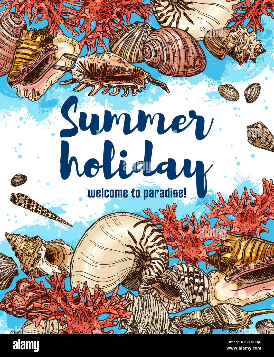 Vector sea travel vacation, sea shells and corals on beach sand ...