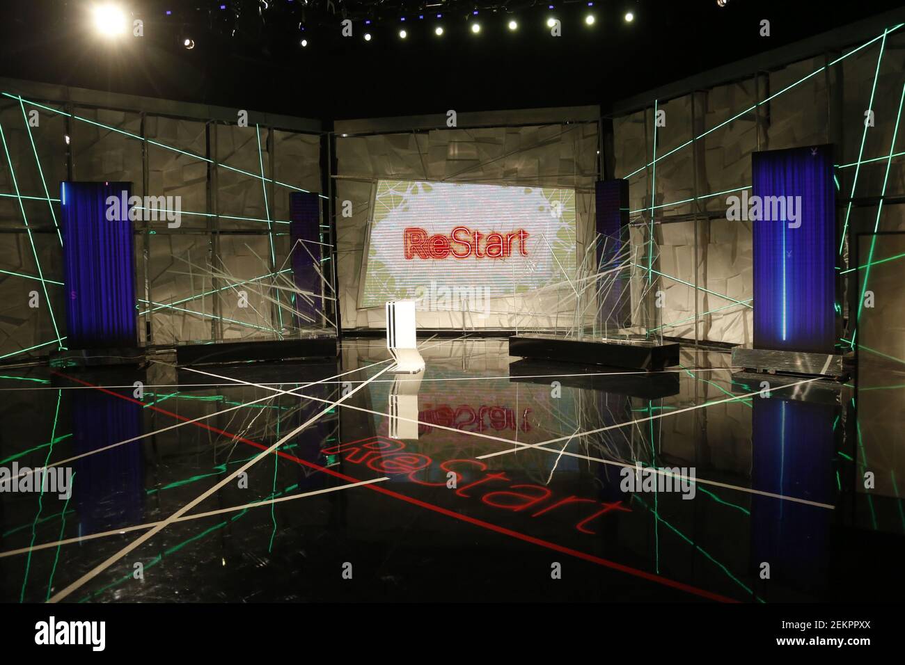 The television studio of the new talk show ReStart poses for photographers. Rome (Italy ...