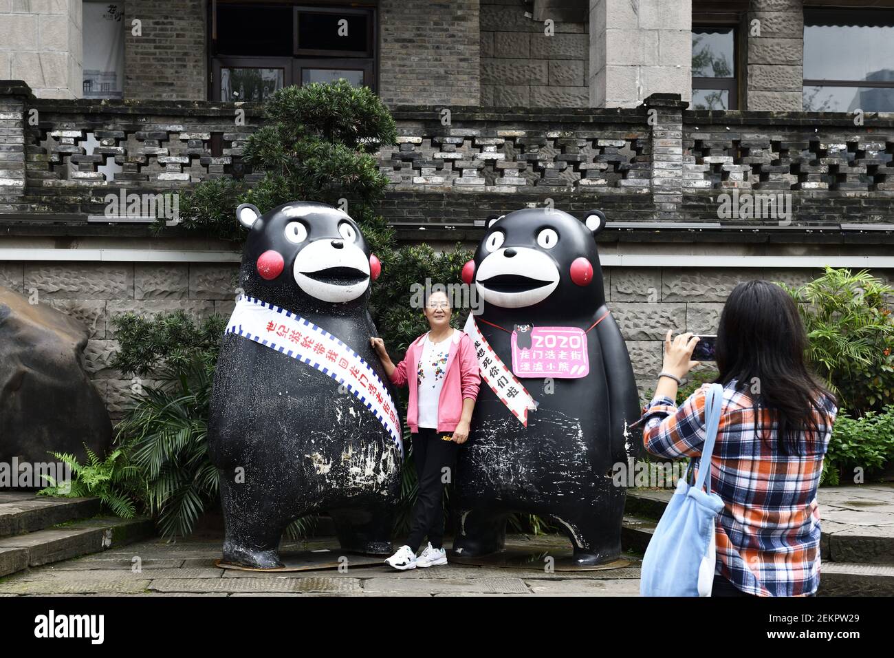 Two large statues of Kumamon, mascot created by the government of Japan ...