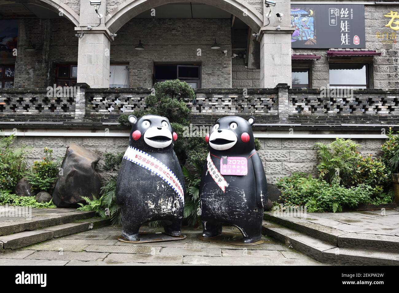 Two large statues of Kumamon, mascot created by the government of Japan ...