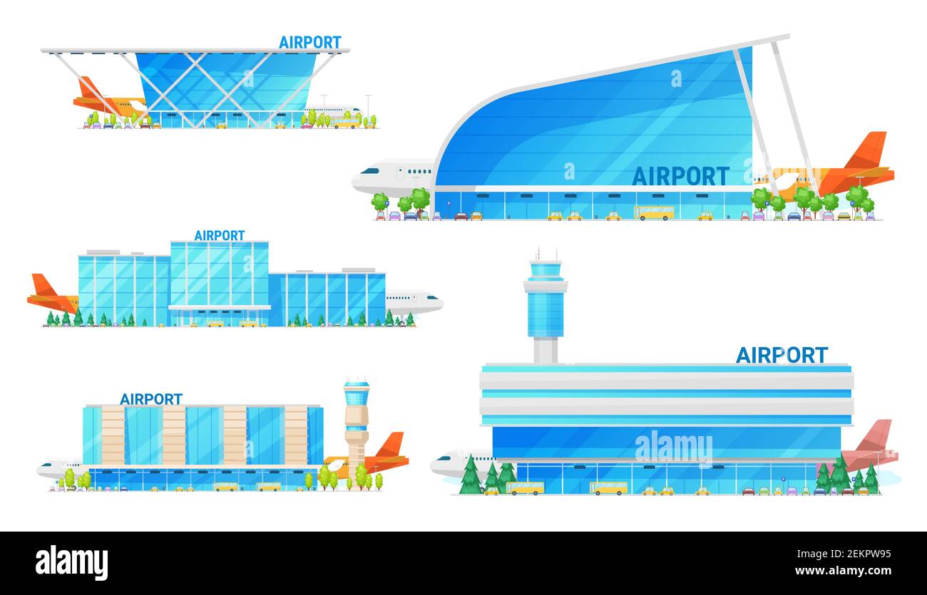 Airport building and airplane on runway, passenger terminal ...