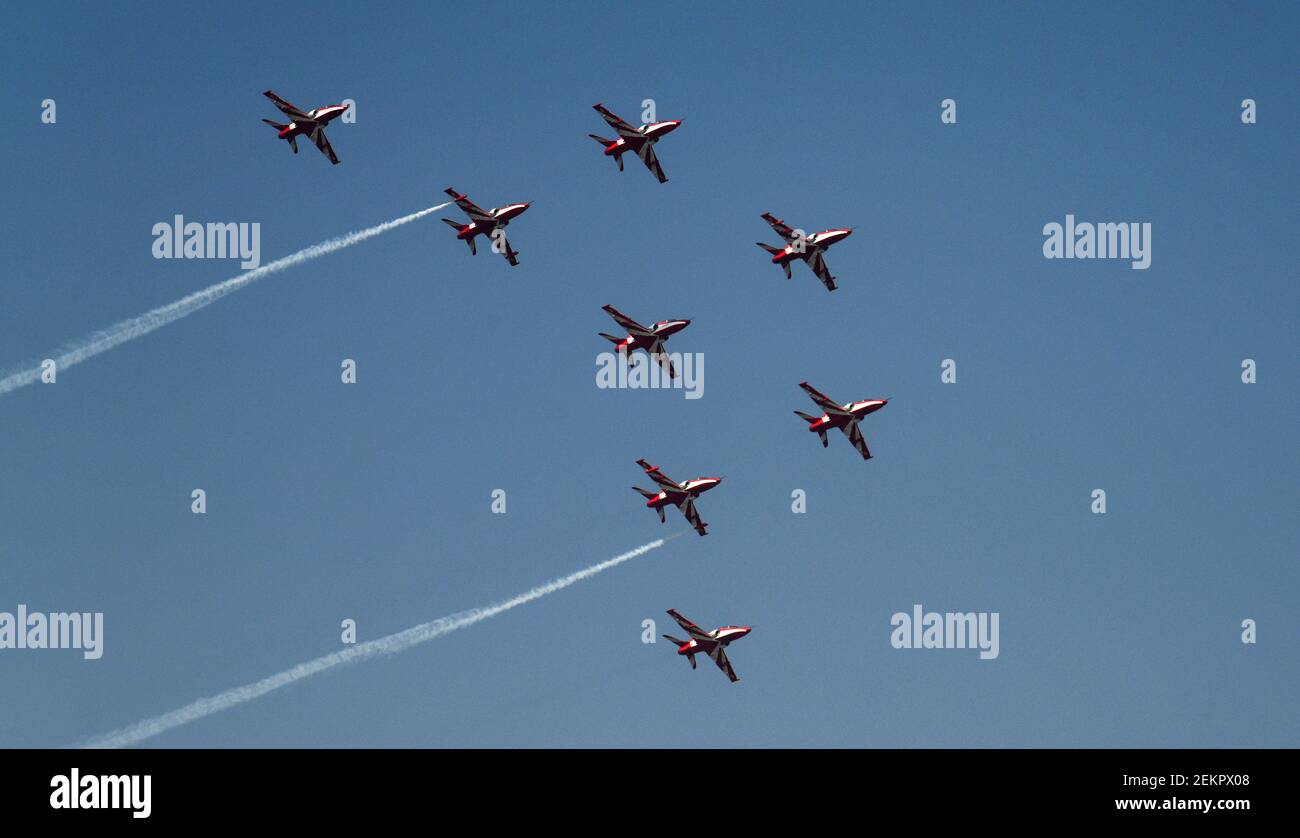 Indian Air Force (IAF) acrobatic team Surya Kiran performs during the ...