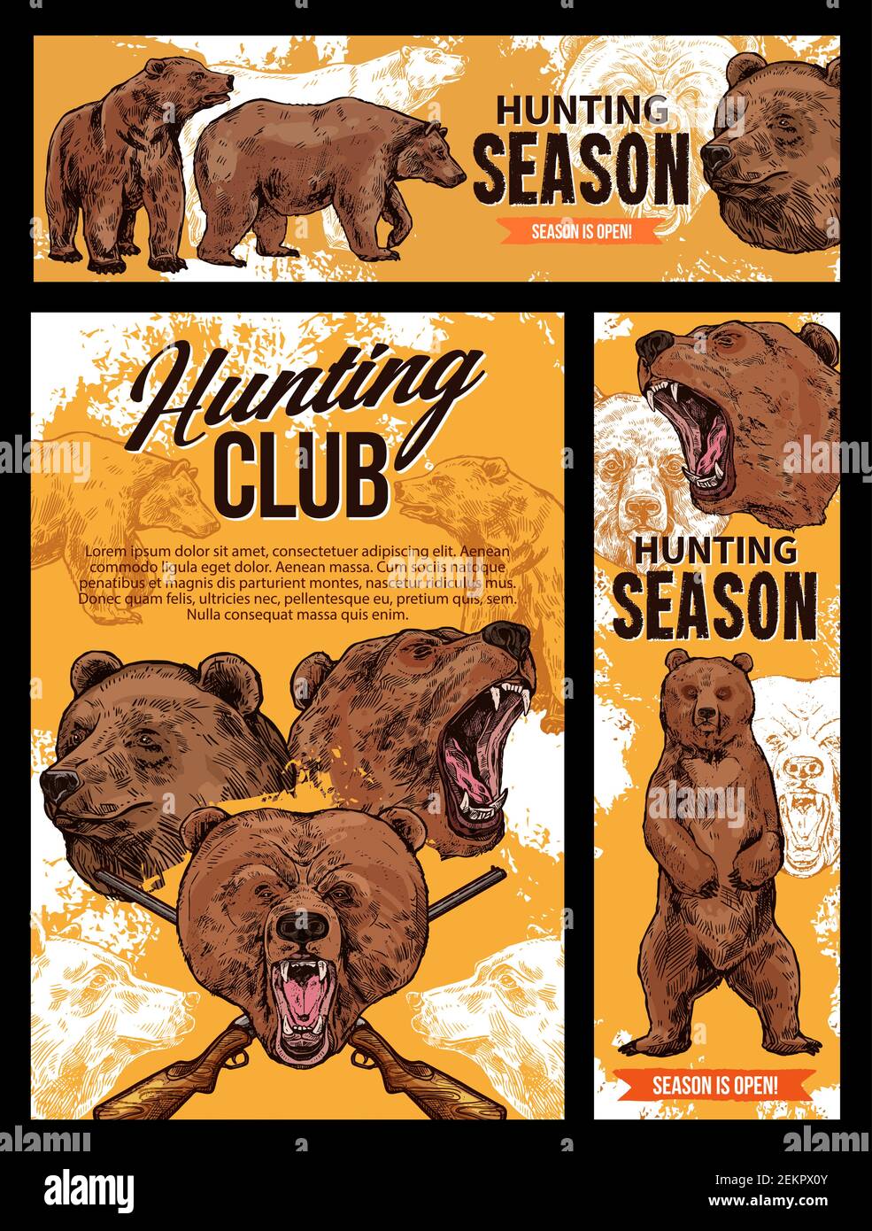 Hunter club, wild grizzly bear hunting season sketch posters and ...