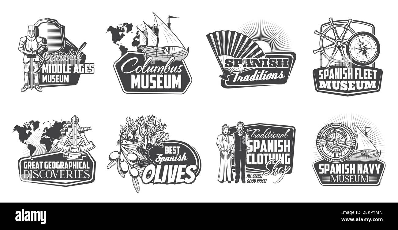 Spanish culture and traditions icons. Vector middle ages history, fleet ...