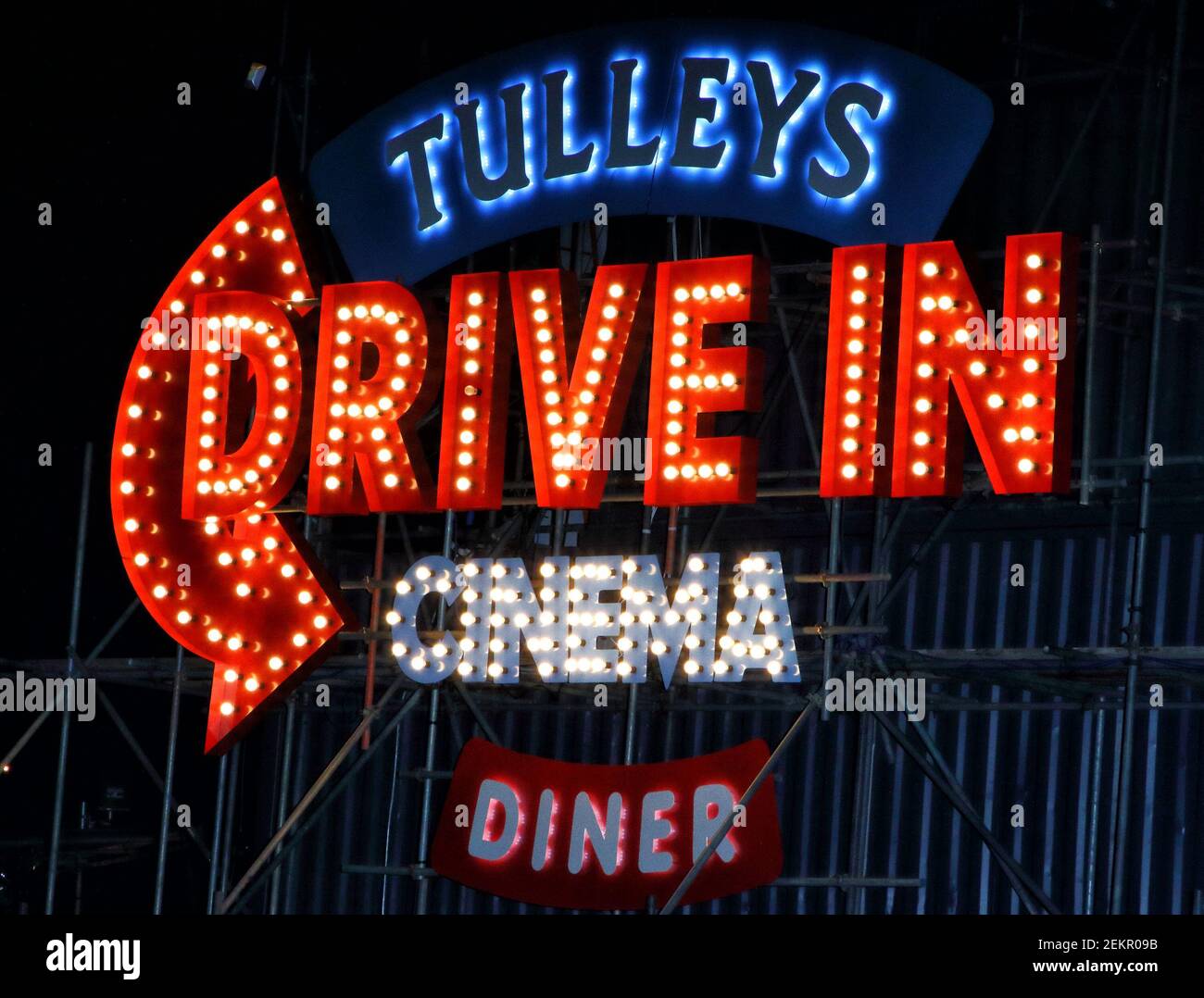 Logo and neon signage at the Tulleys Haunted Drive-In Cinema VIP night ...
