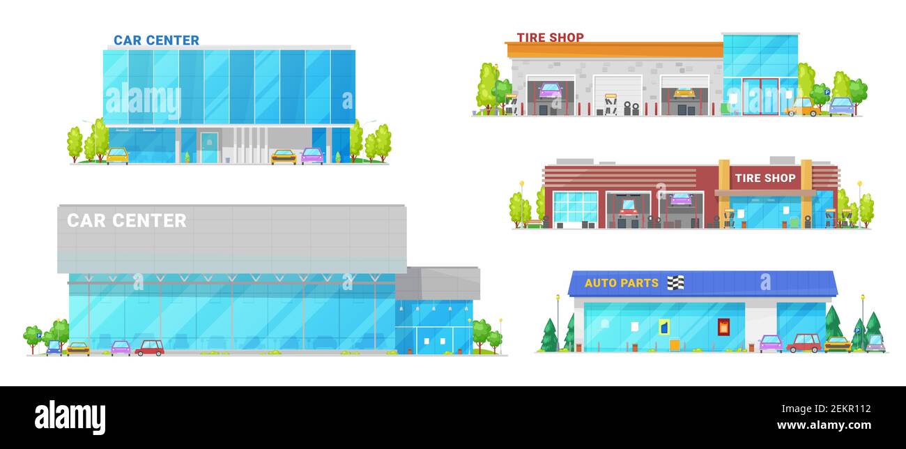 Car center, spare parts and tire shop building icons. Vector vehicle ...