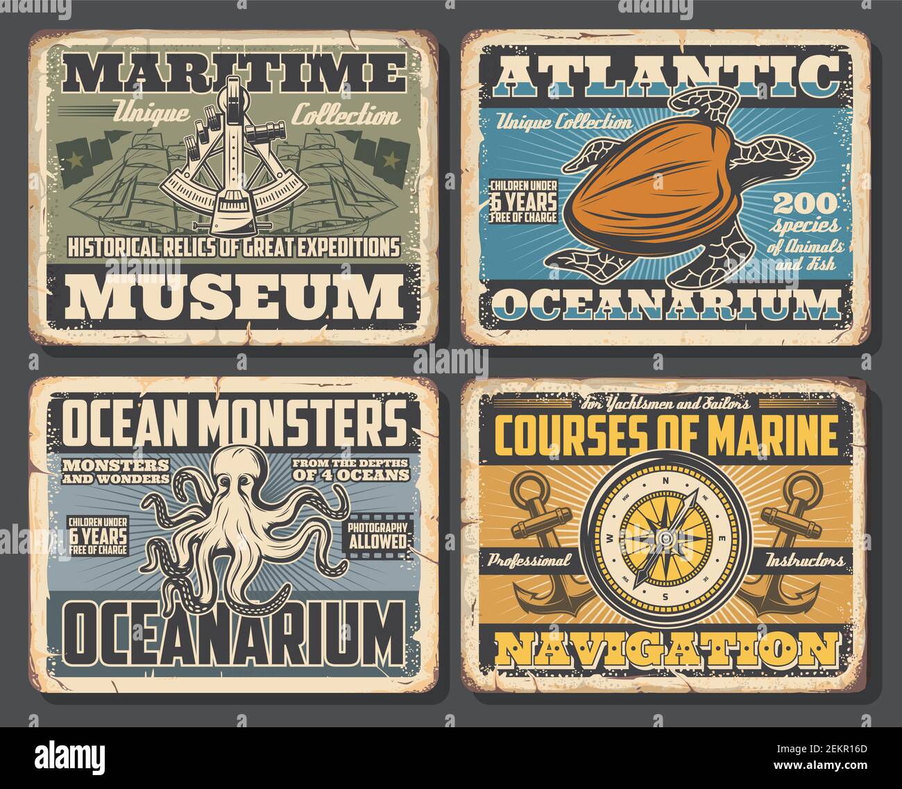 Vector maritime museum of ships and naval boat, ocean turtle and ...