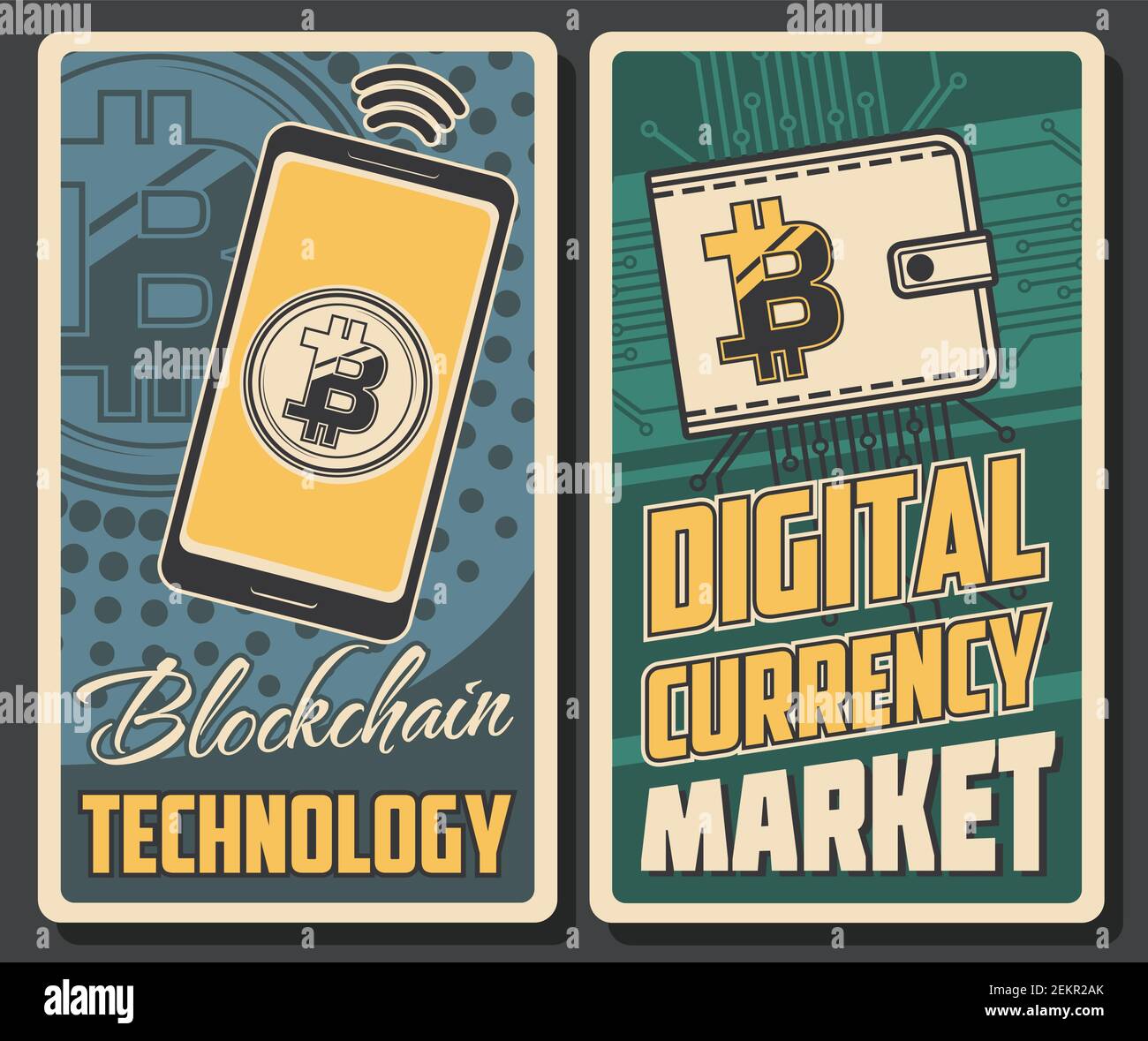Cryptocurrency payment, bitcoin transaction and blockchain technology poster. Vector digital ...