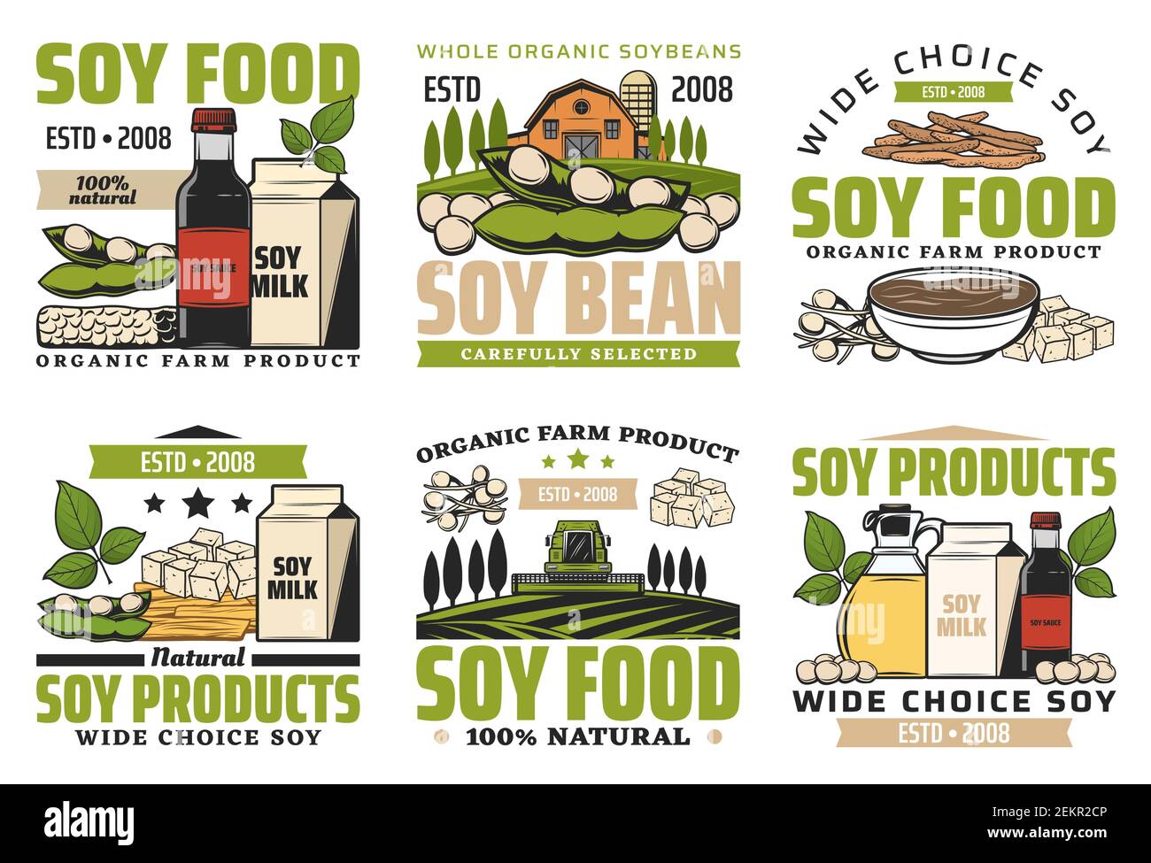 Soy food products, milk, beans, meat and sauce isolated icons. Vector ...