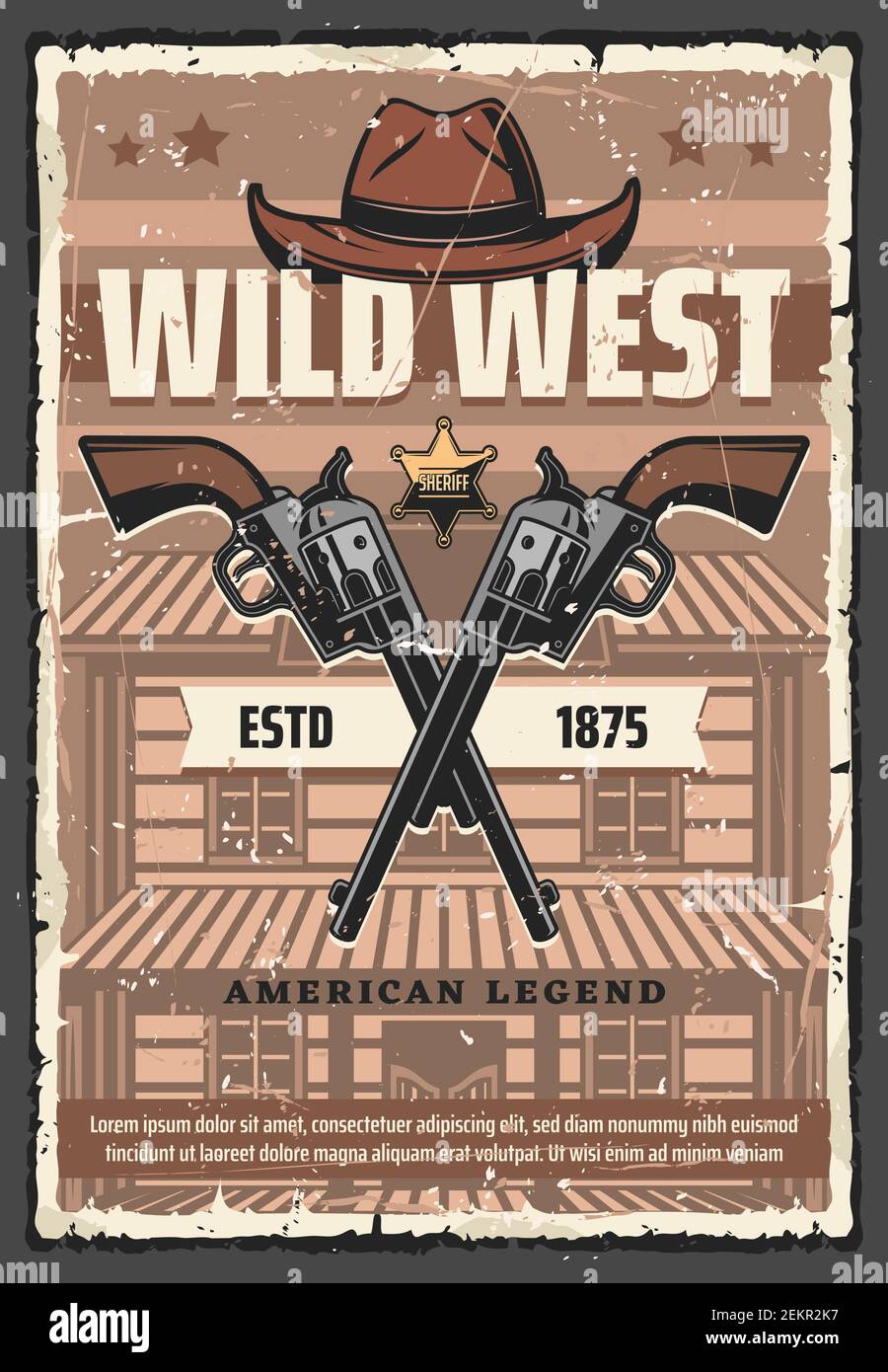 Western vintage retro poster, Wild West cowboy hat, sheriff police star ...