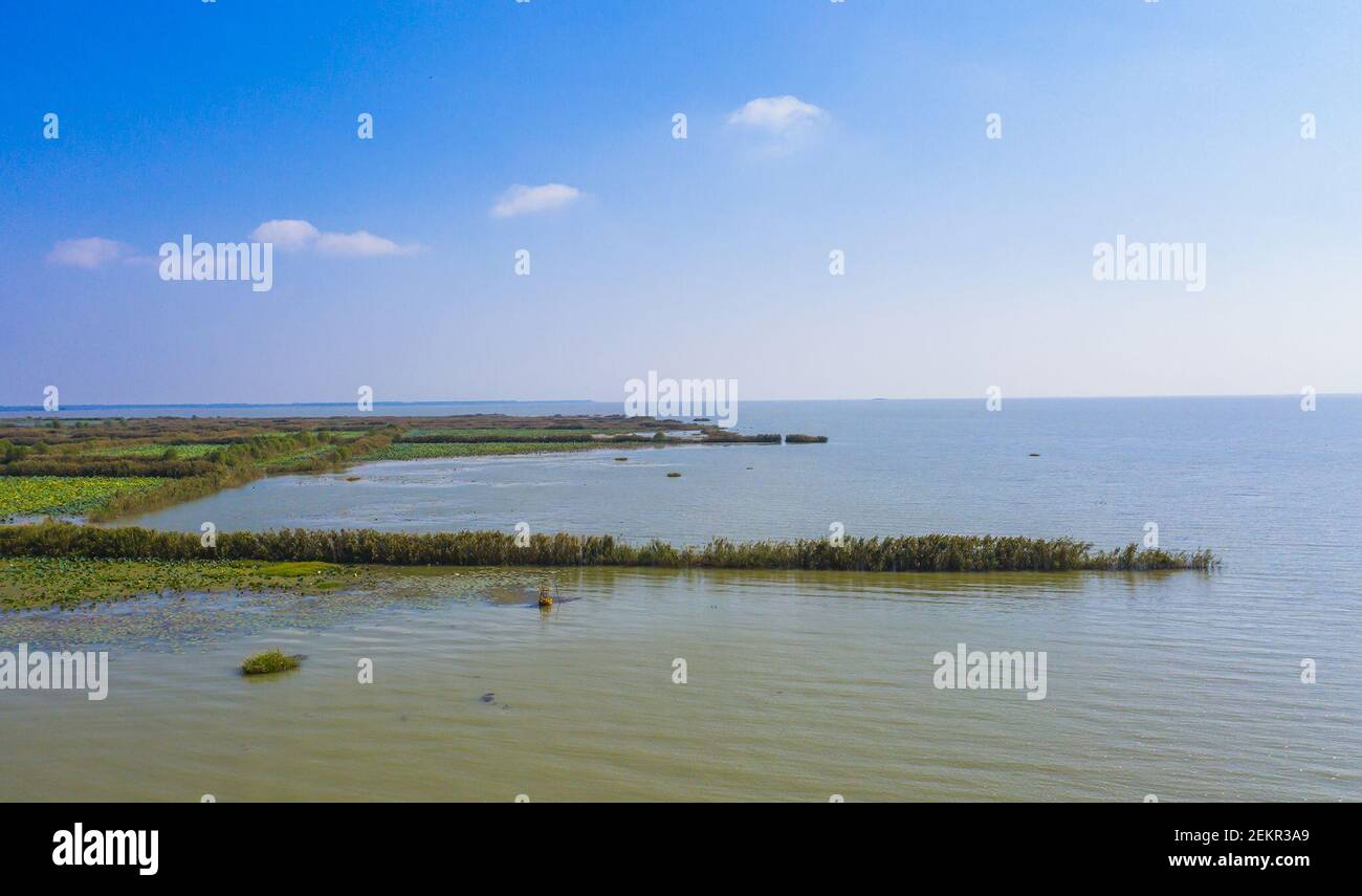An aerial view of the empty Hongze Lake where no fishing boats and ...