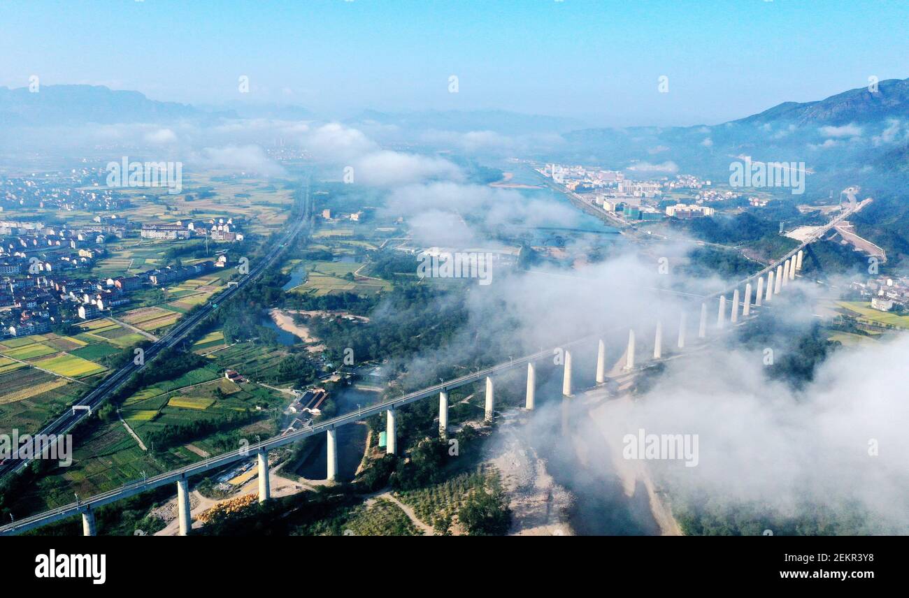An aerial view of a part of an overhead railway across streams and ...