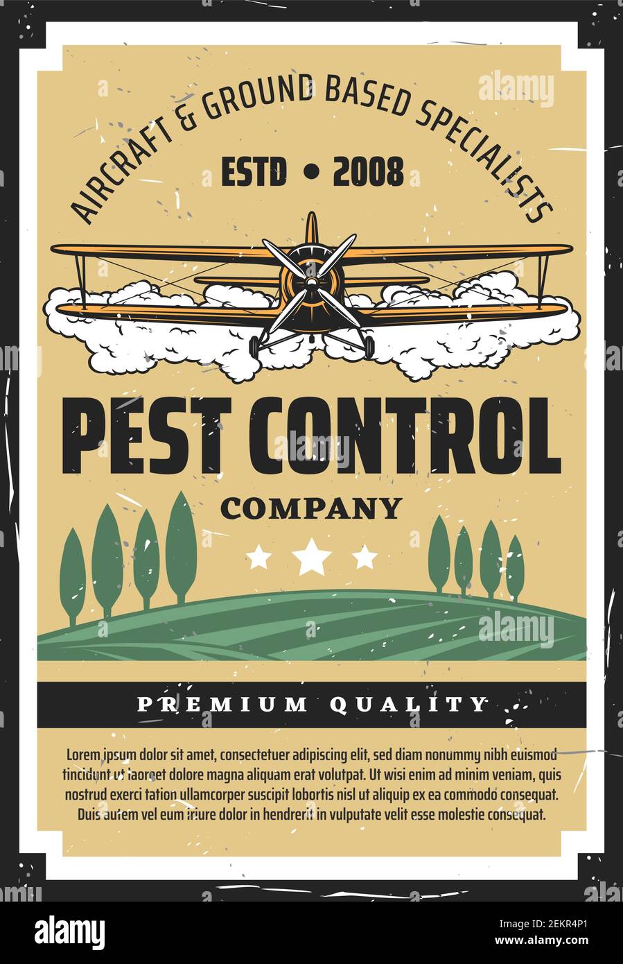 Pest control, crop duster biplane and agricultural field. Vector ...