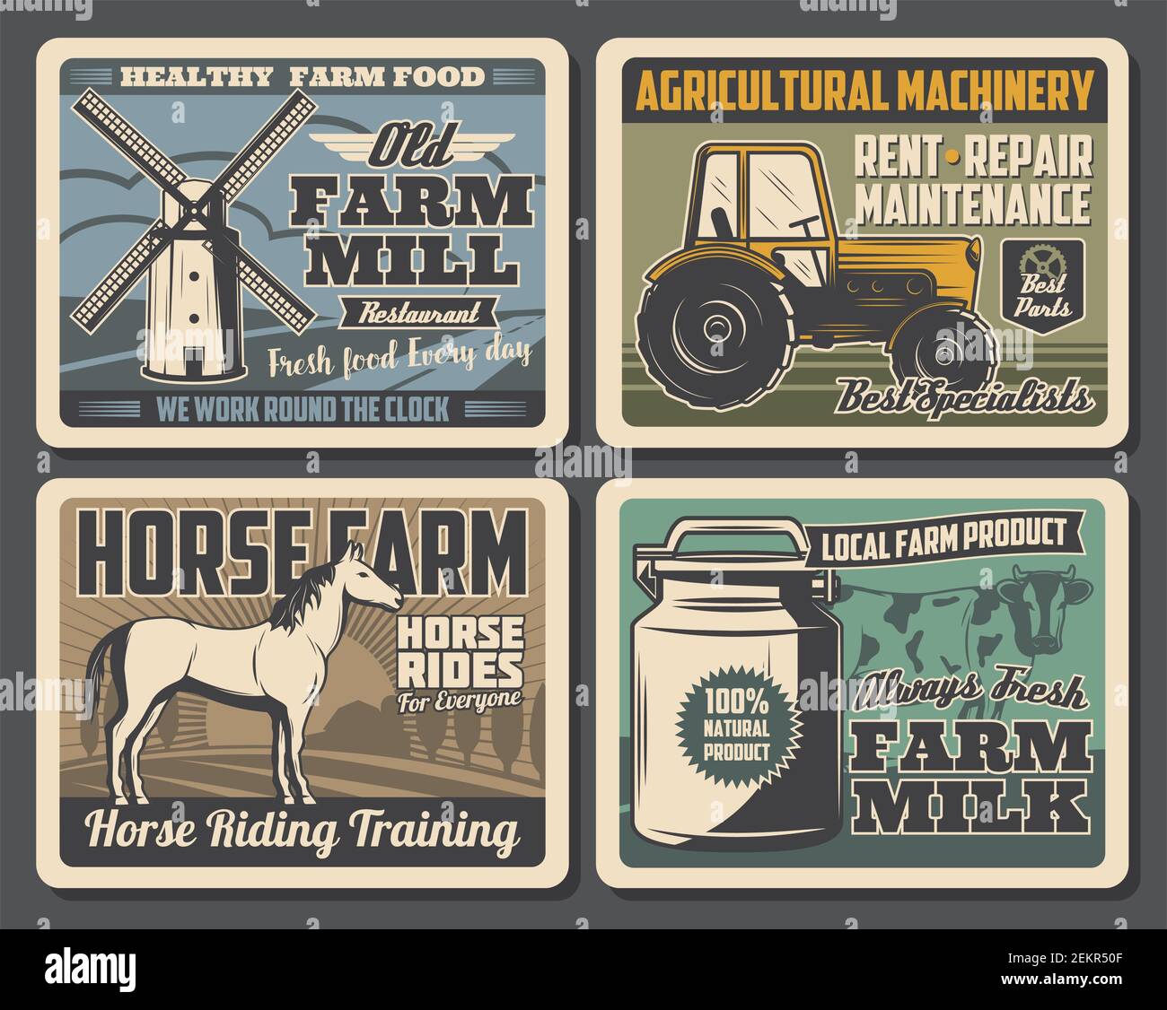 Farm and agriculture vector design with cow, horse and milk can ...