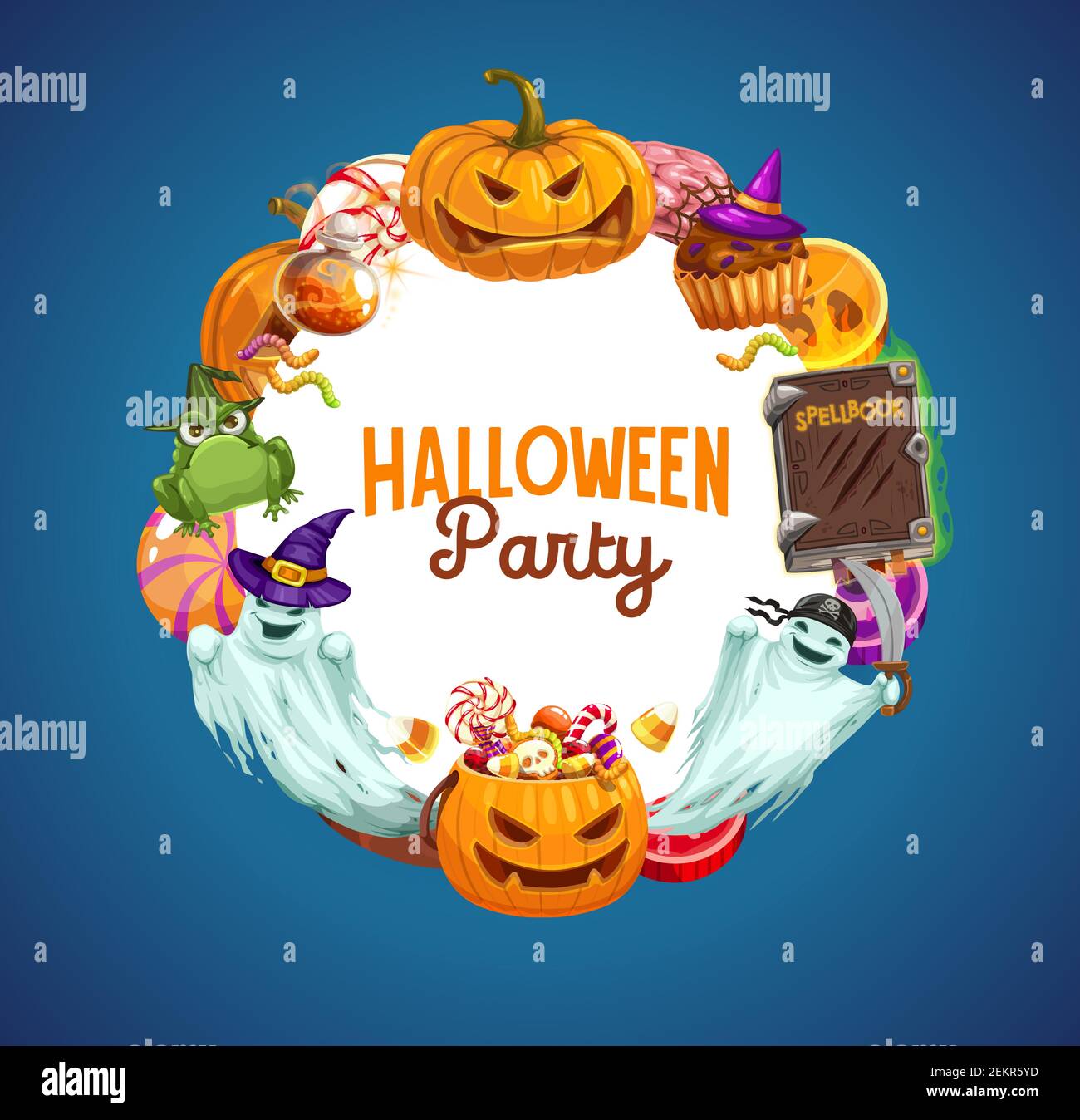 Halloween horror pumpkins, ghosts and trick or treat candies, witch hat ...
