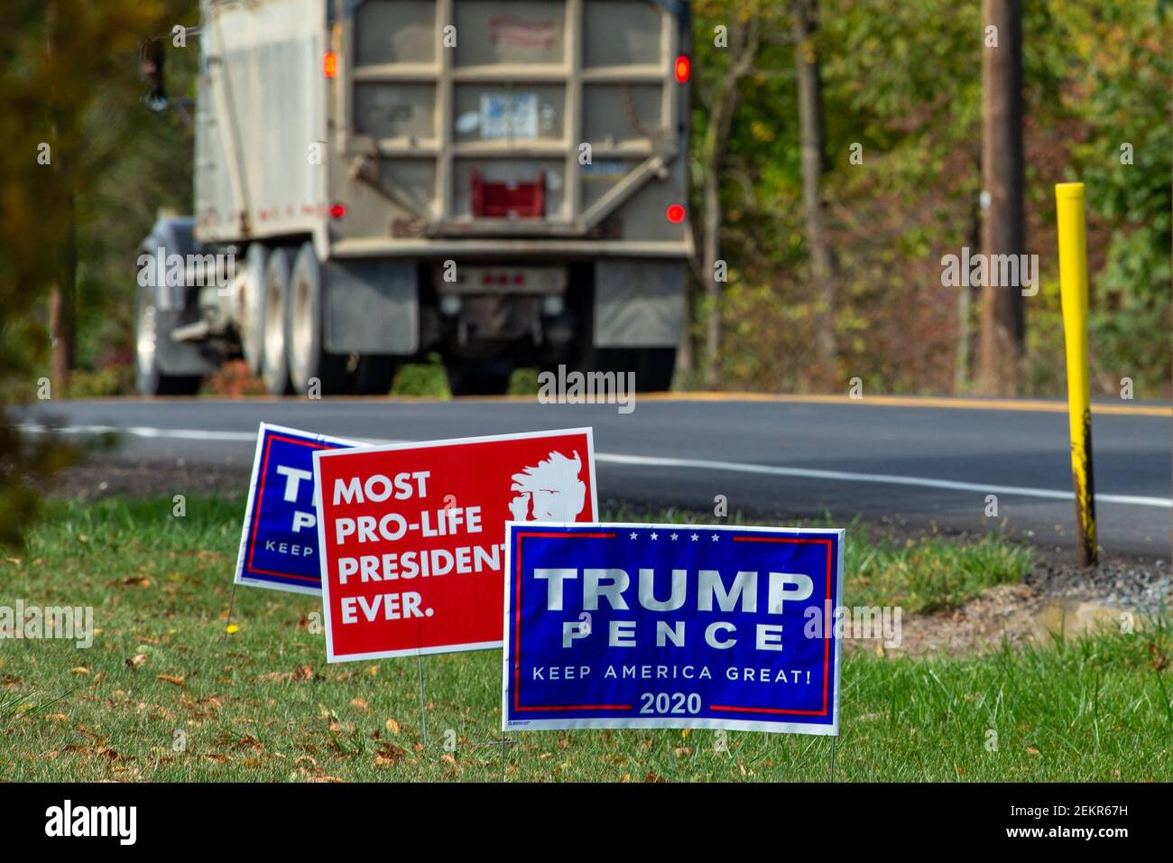 Pro-Trump yard signs are displayed along a road in Anthony Township ...