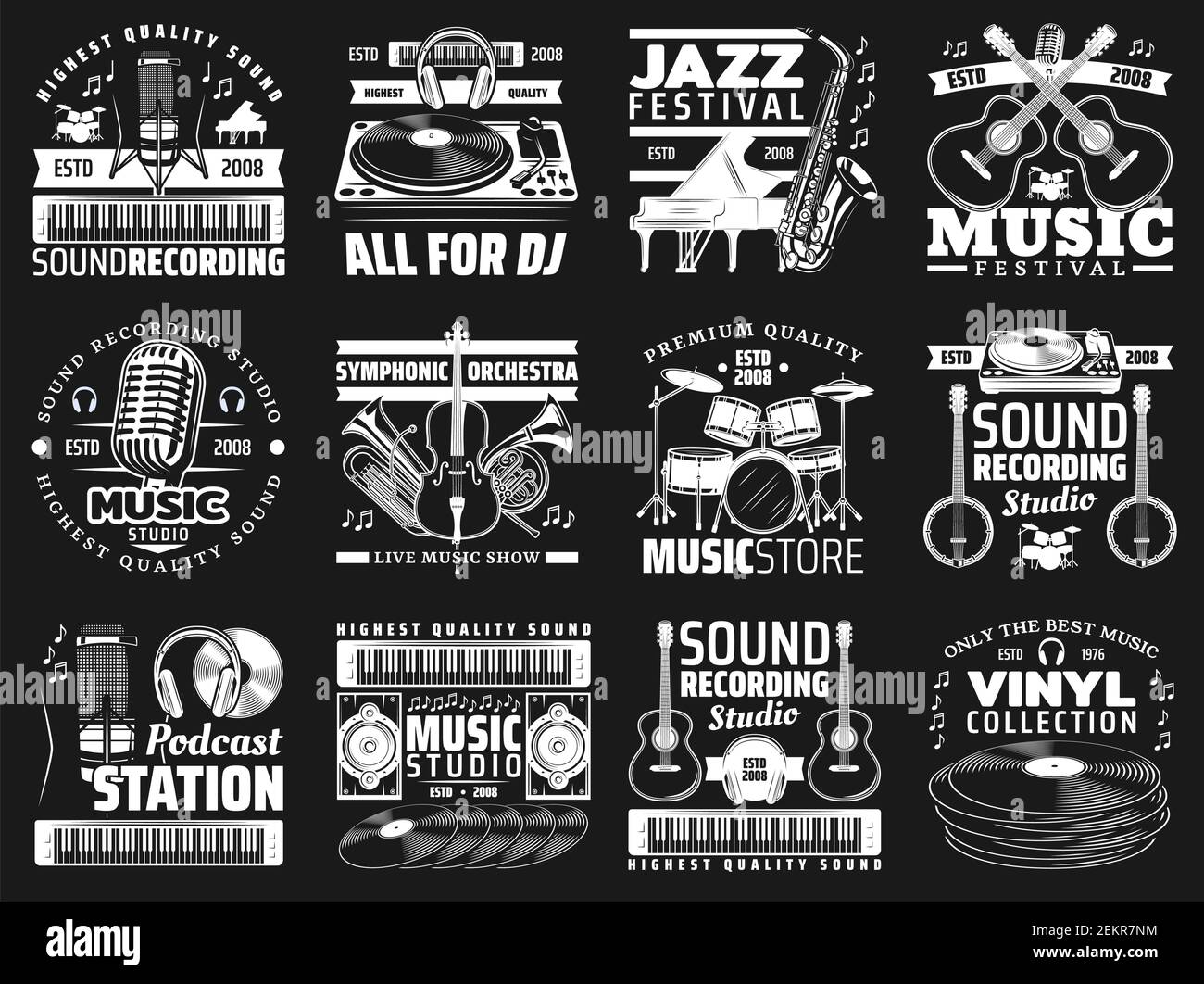 Musical instrument and sound recording studio equipment vector icons of ...