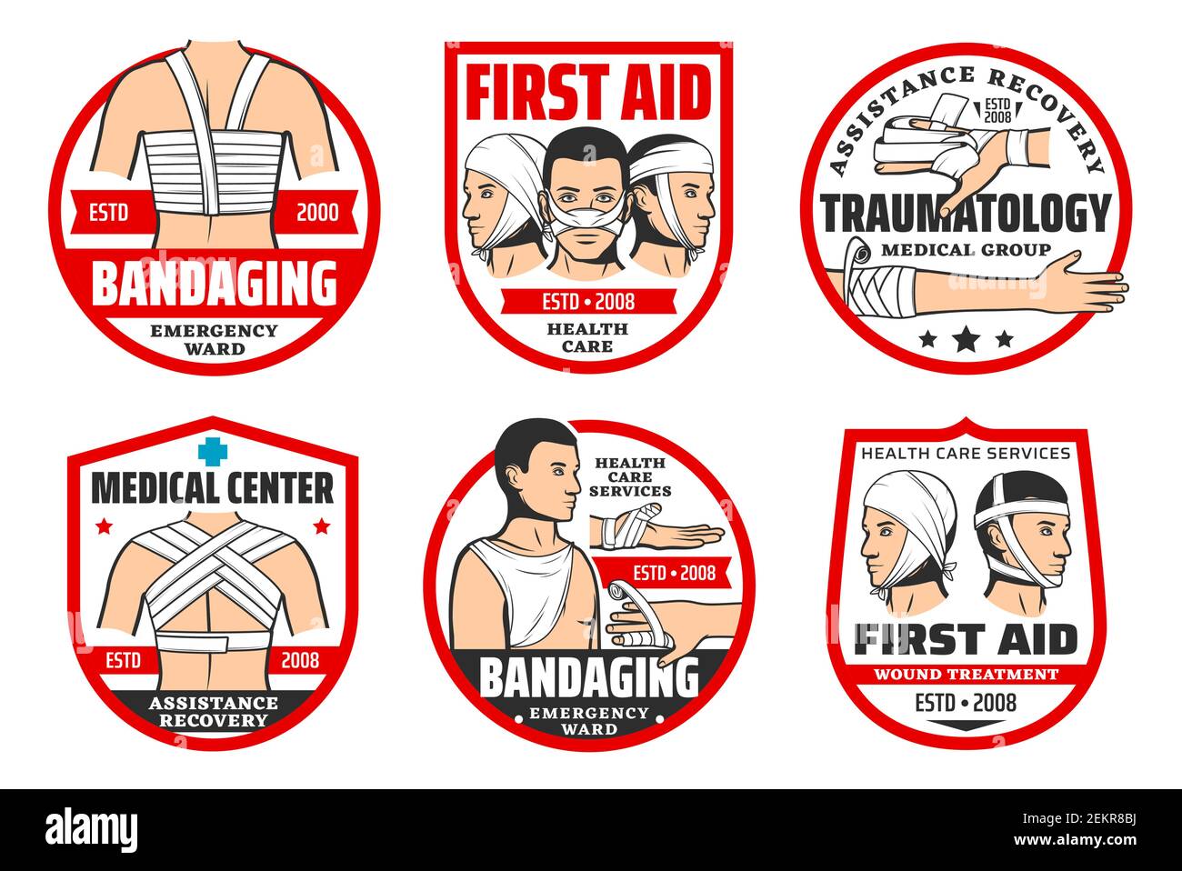 First aid at trauma, traumatology and bandaging isolated icons. Vector ...