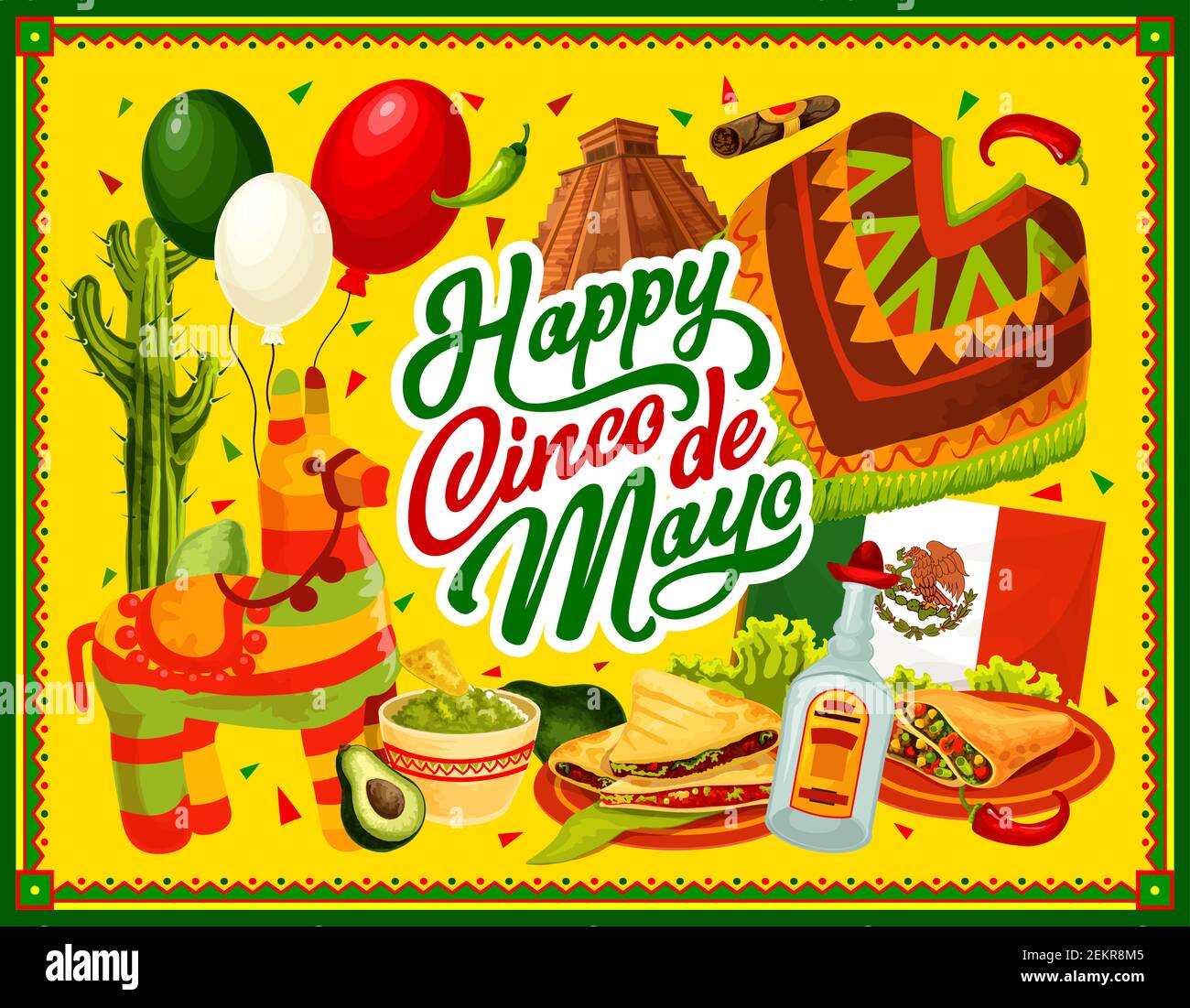 Happy Cinco de Mayo vector greeting card with Mexican fiesta party food ...