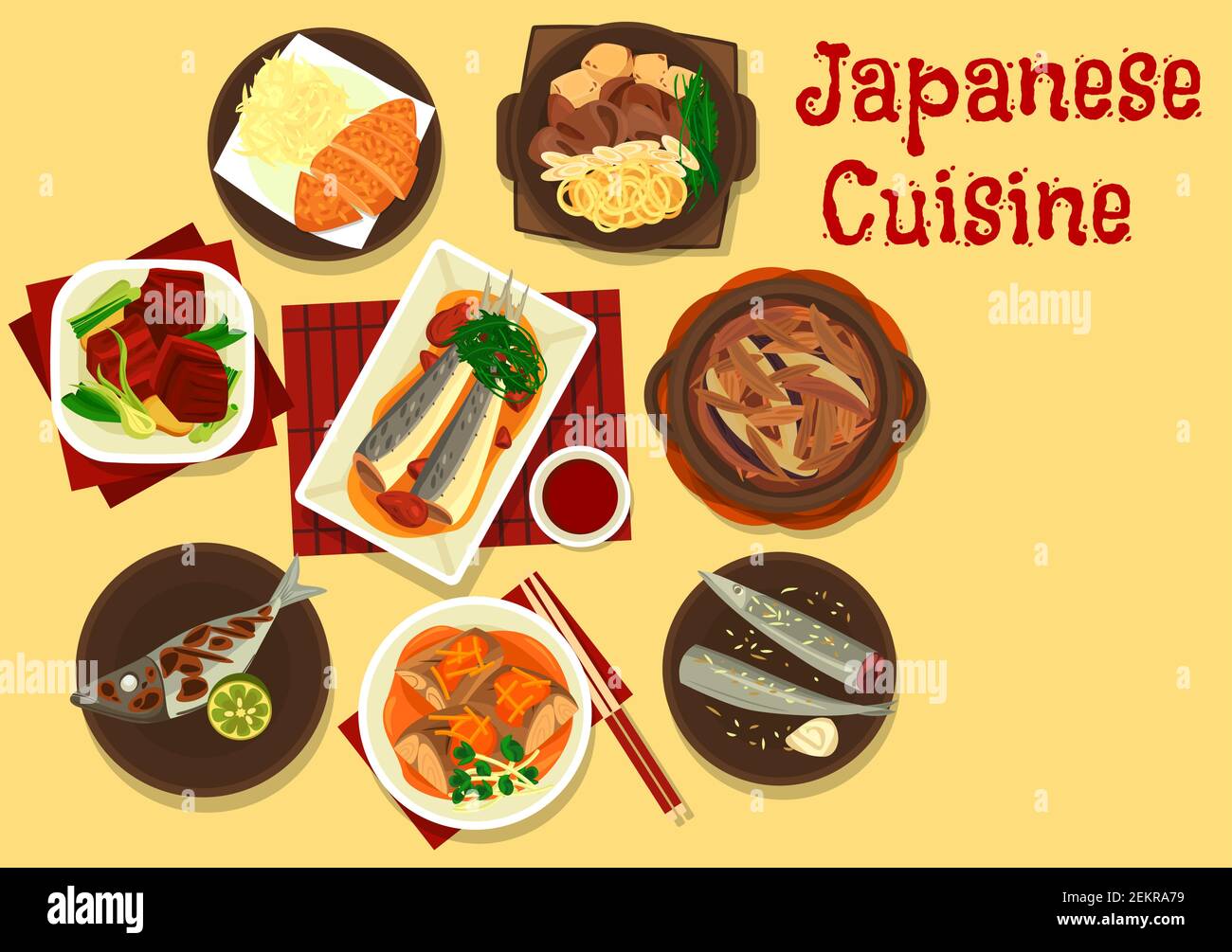 Japanese cuisine vector design of Asian fish, meat and vegetable meal ...