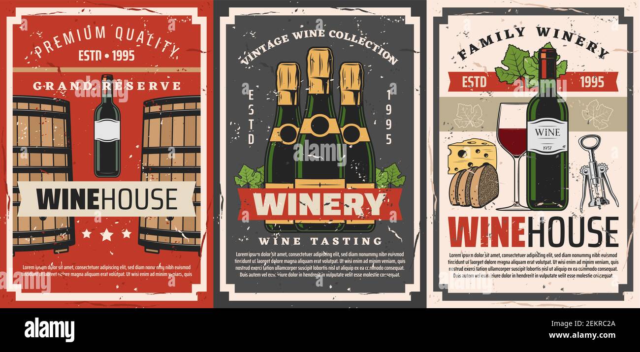 Winery bottles of wine and champagne drinks retro posters of wine shop ...