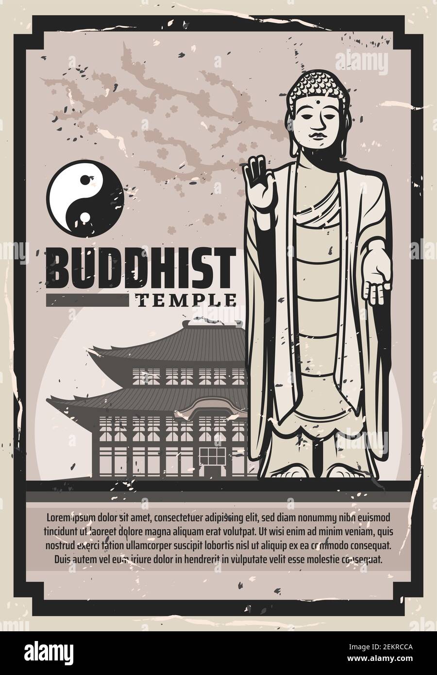 Buddhist holy temple, Buddha statue and yin yang. Vector Buddhism ...