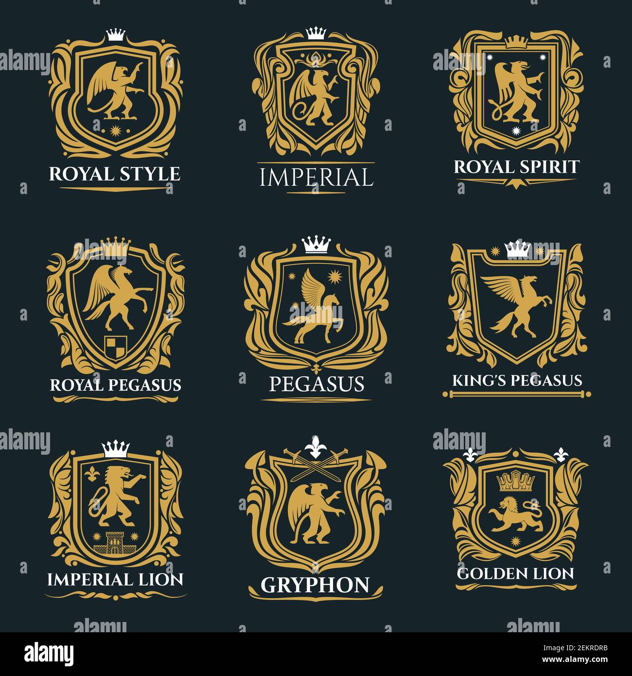 Royal badges and emblems of vector golden shields with heraldic lions ...