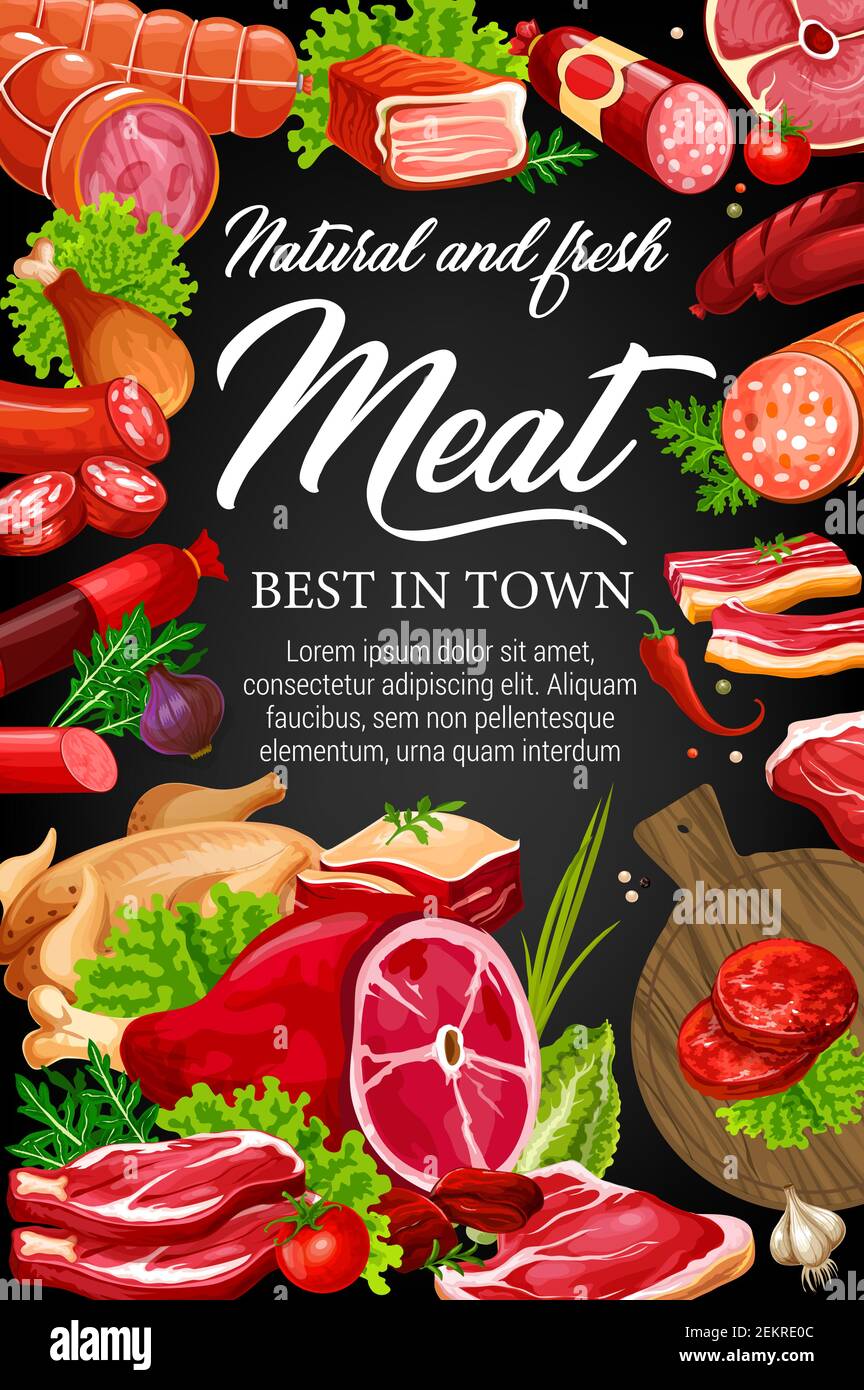 Meat food, spices, herbs and salad leaves on blackboard vector design ...