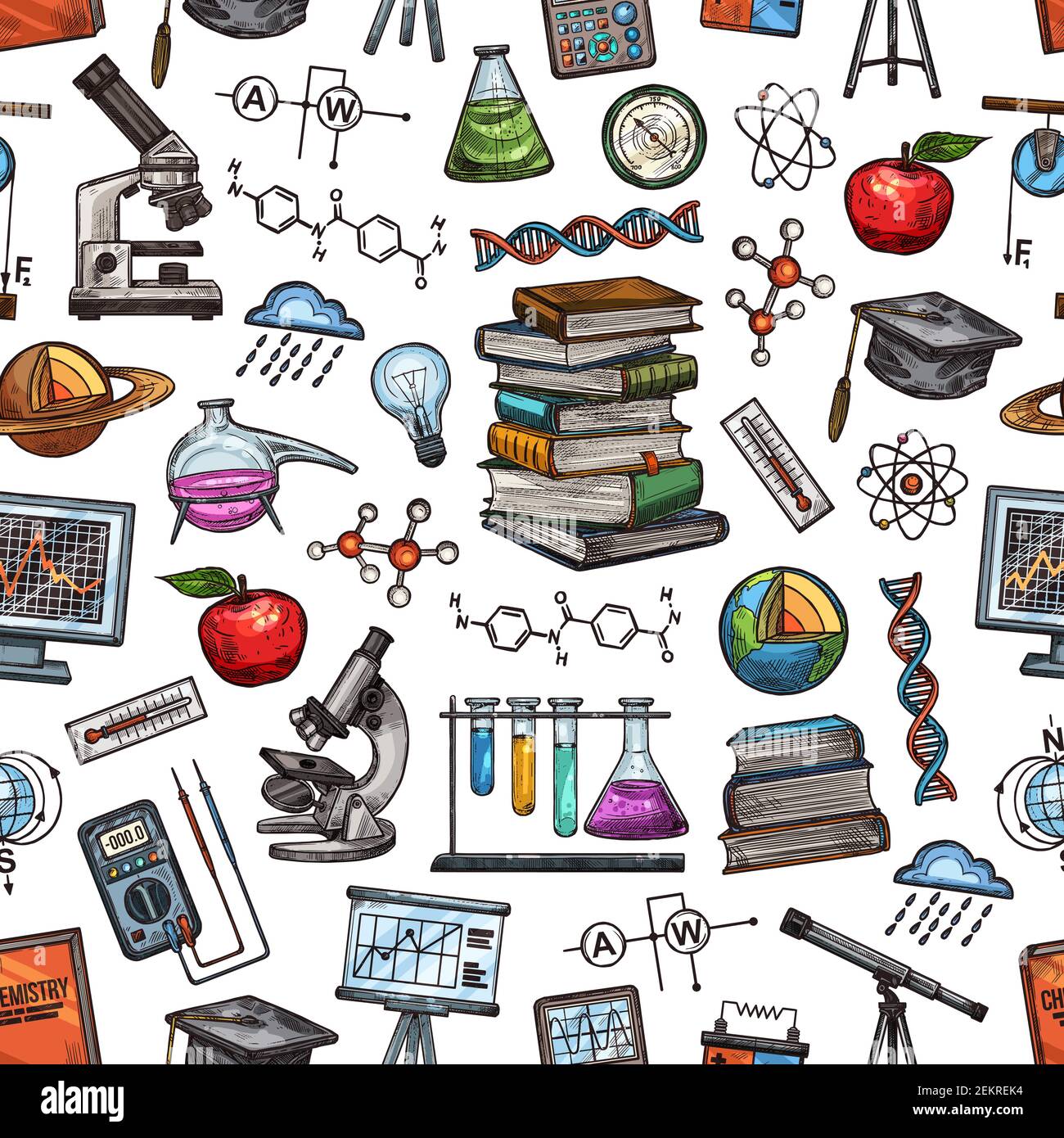 Science laboratory and education knowledge sketch seamless pattern ...