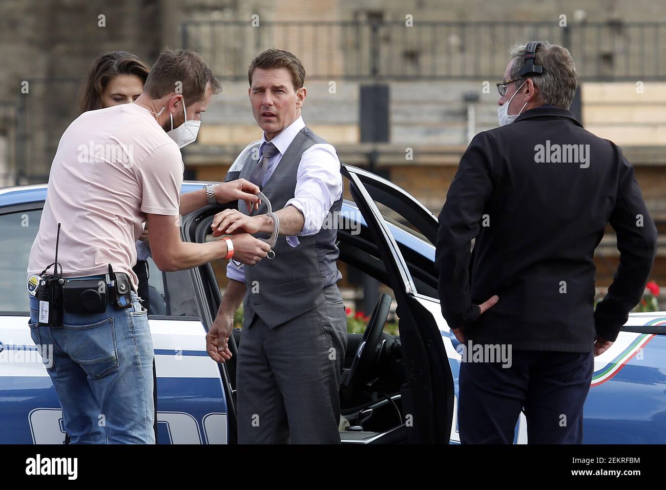 Actor Tom Cruise being handcuffed together on the set of the film ...