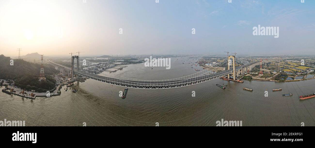 ZHENJIANG, CHINA - OCTOBER 13, 2020 - Aerial view of Wufengshan Yangtze ...